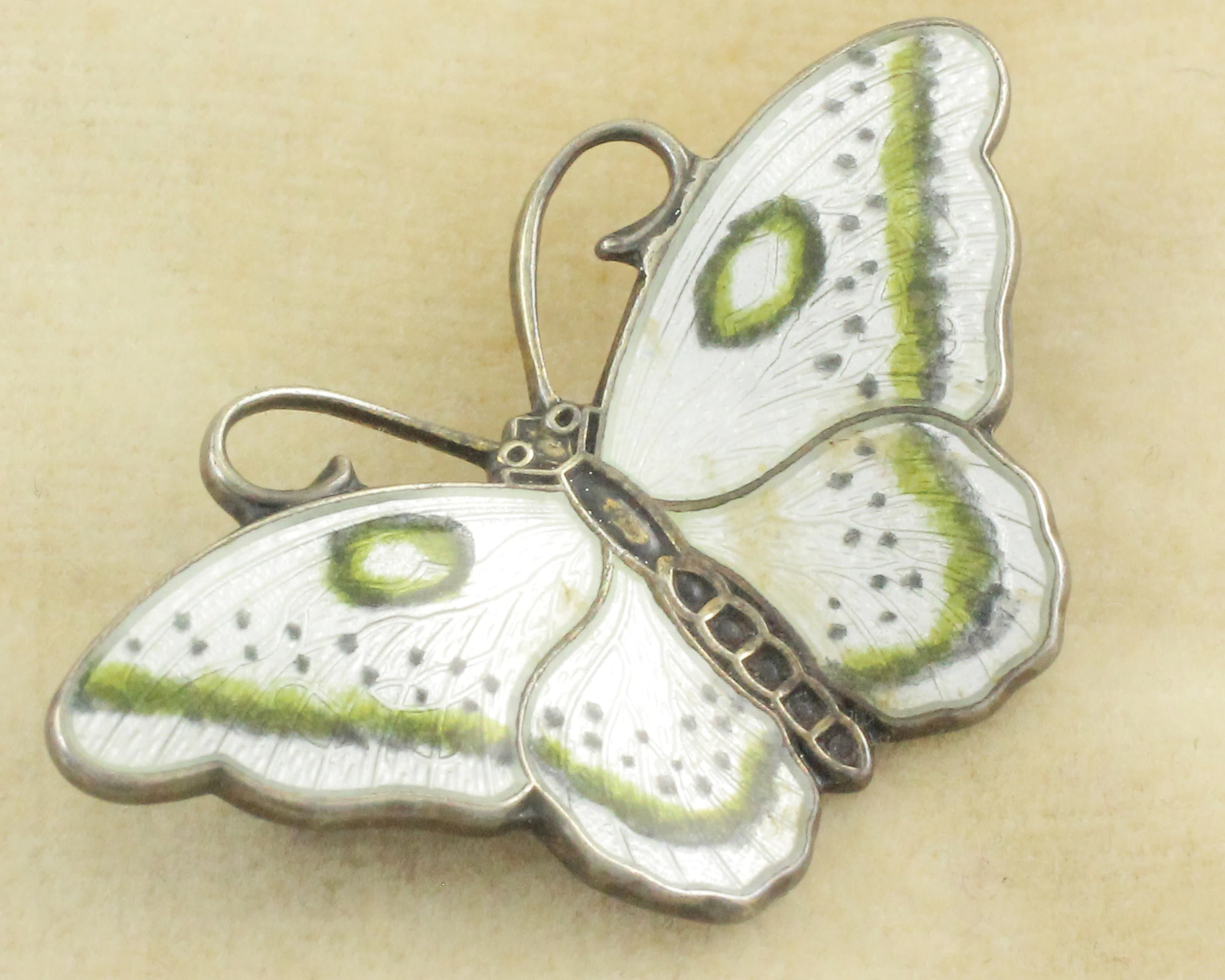 Vintage Hroar Prydz Sterling Silver Green on White Enamel Butterfly ...