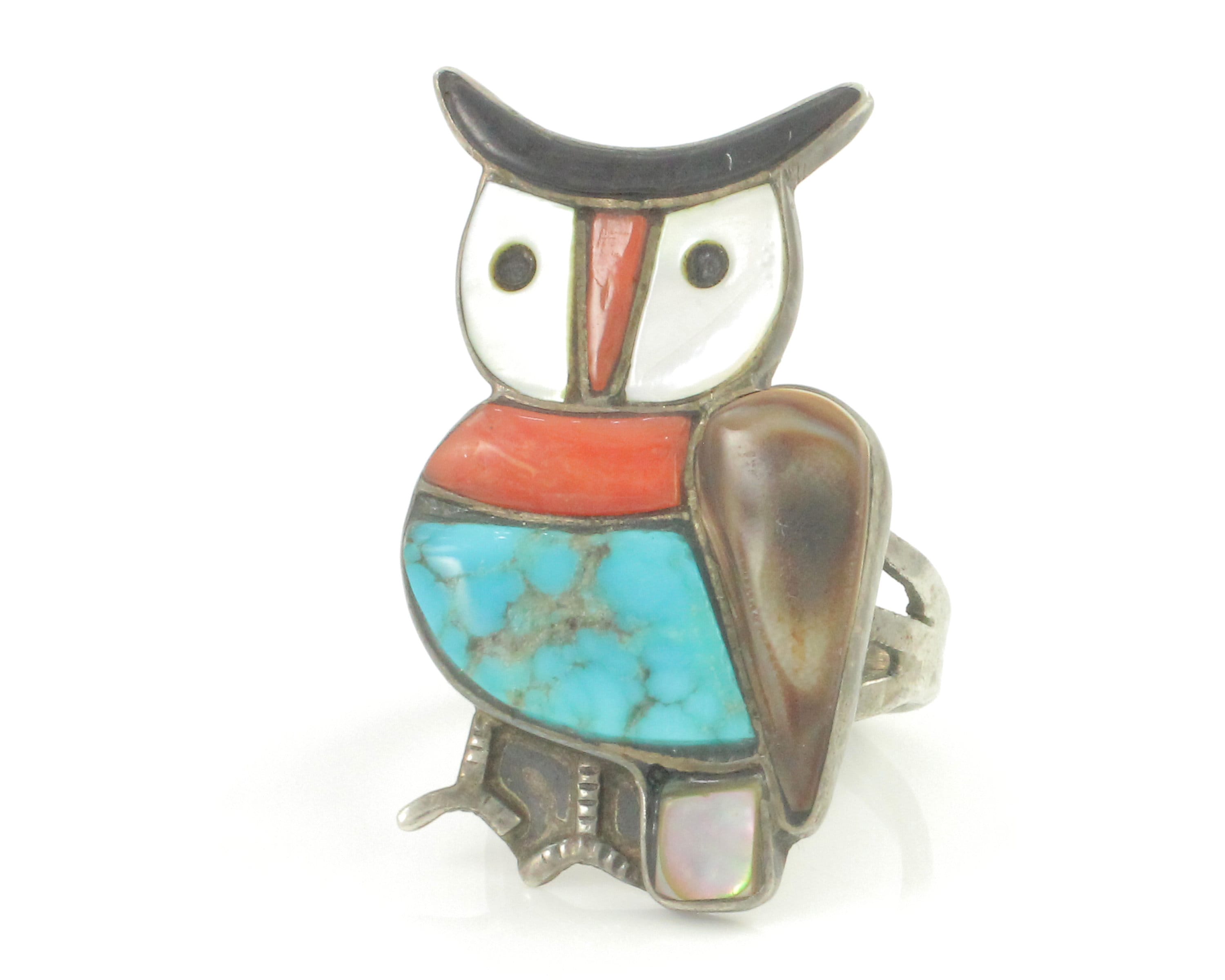 Vintage Zuni Owl Inlay Ring, Sterling Turquoise Coral Owl Ring, Zuni ...