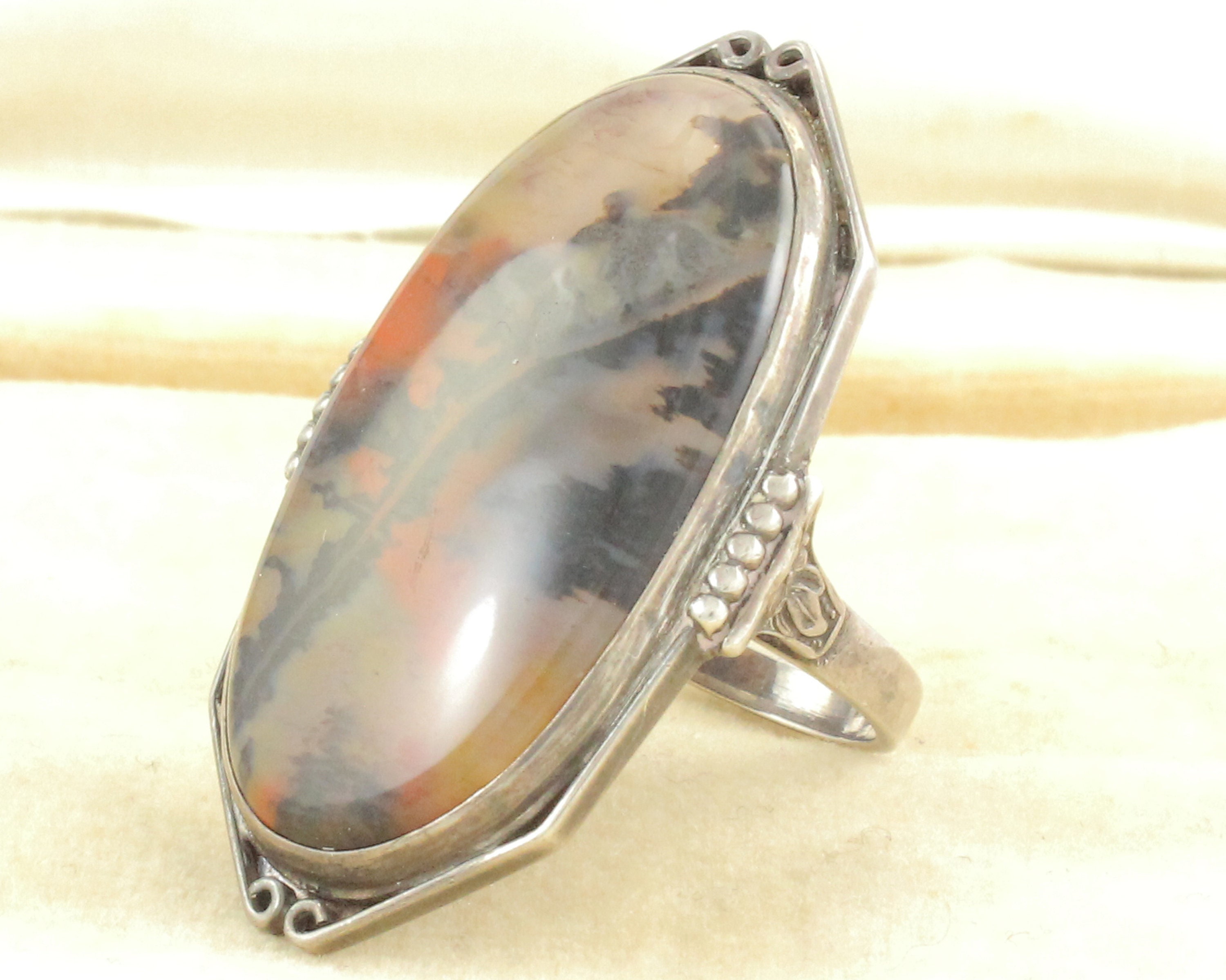 Large Art Deco Dendritic Landscape Agate Statement Ring - Sterling ...