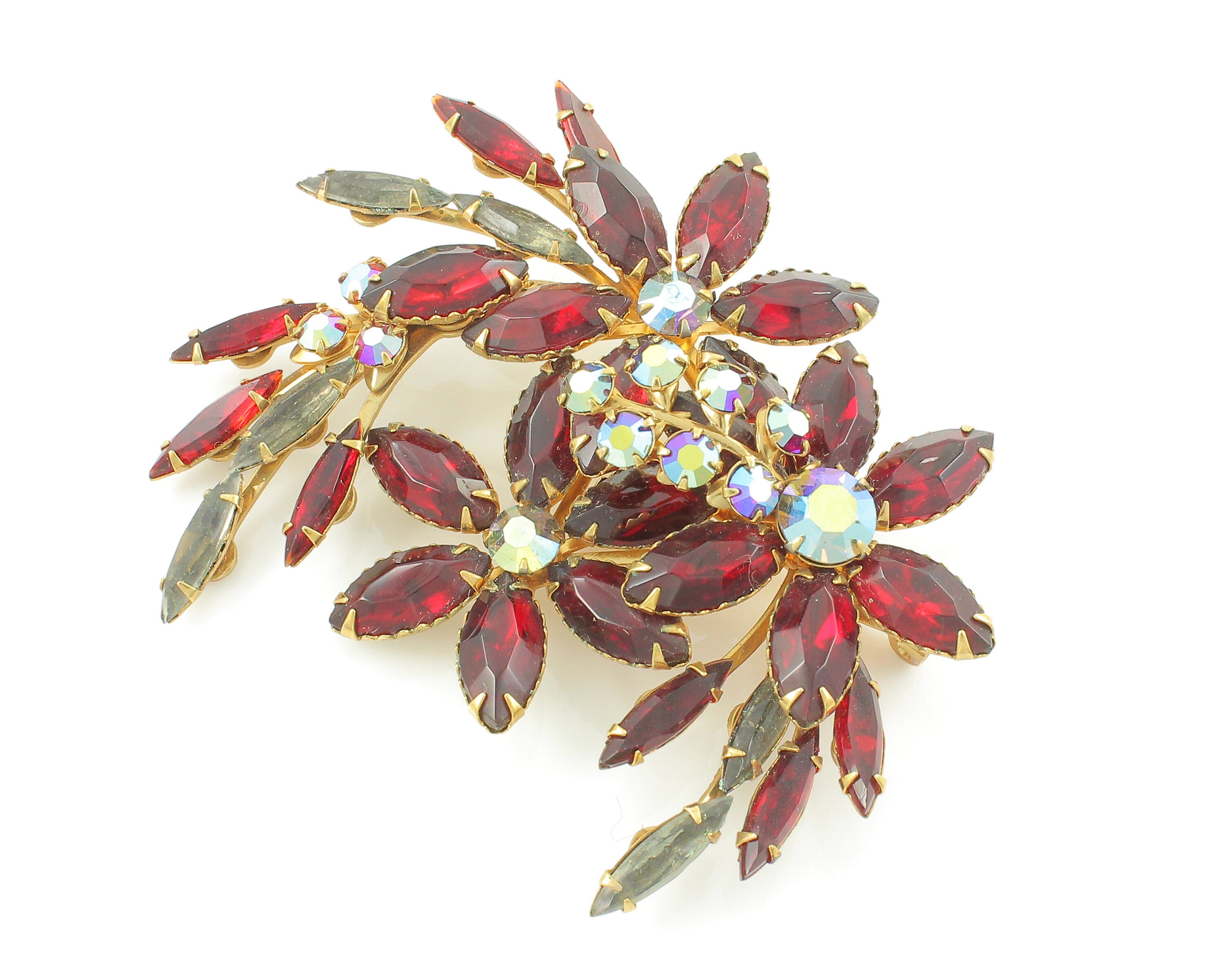Vintage Red Gray Aurora Borealis Rhinestone Brooch, 1960s Layered Red ...