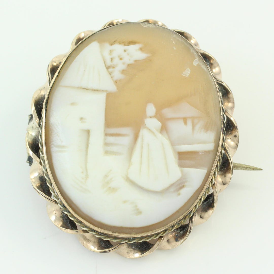 Victorian Rebecca at the Well Cameo Brooch: 10K Gold Filled Carved ...