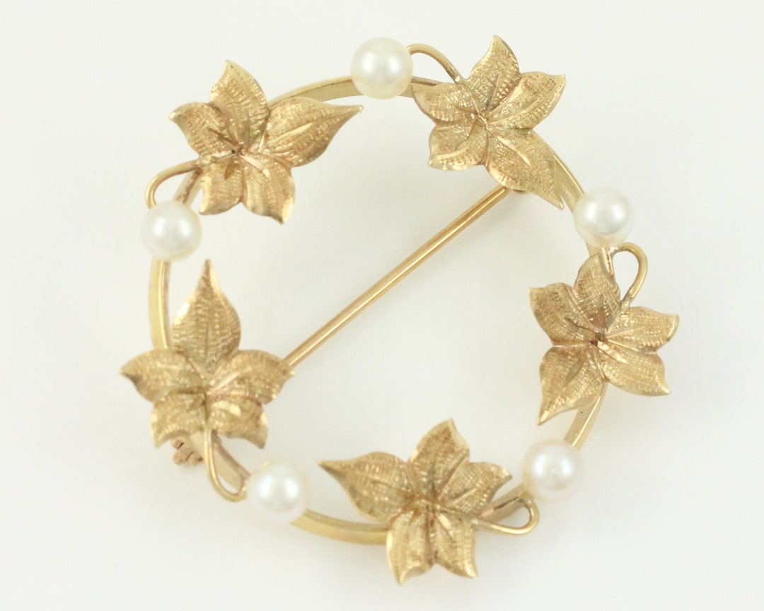 Vintage 14K Ivy Leaf Pearl Circle Pin, Vintage 14K Gold Akoya Cultured ...
