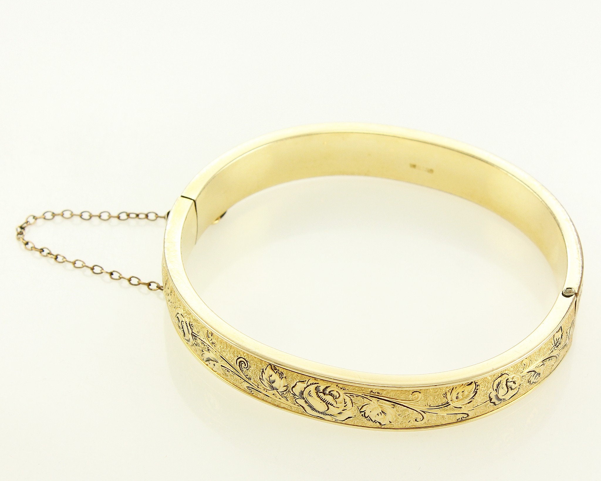 Gold Filled Flower Bangle 12k Gf Bracelet By Winard Rose Engraved