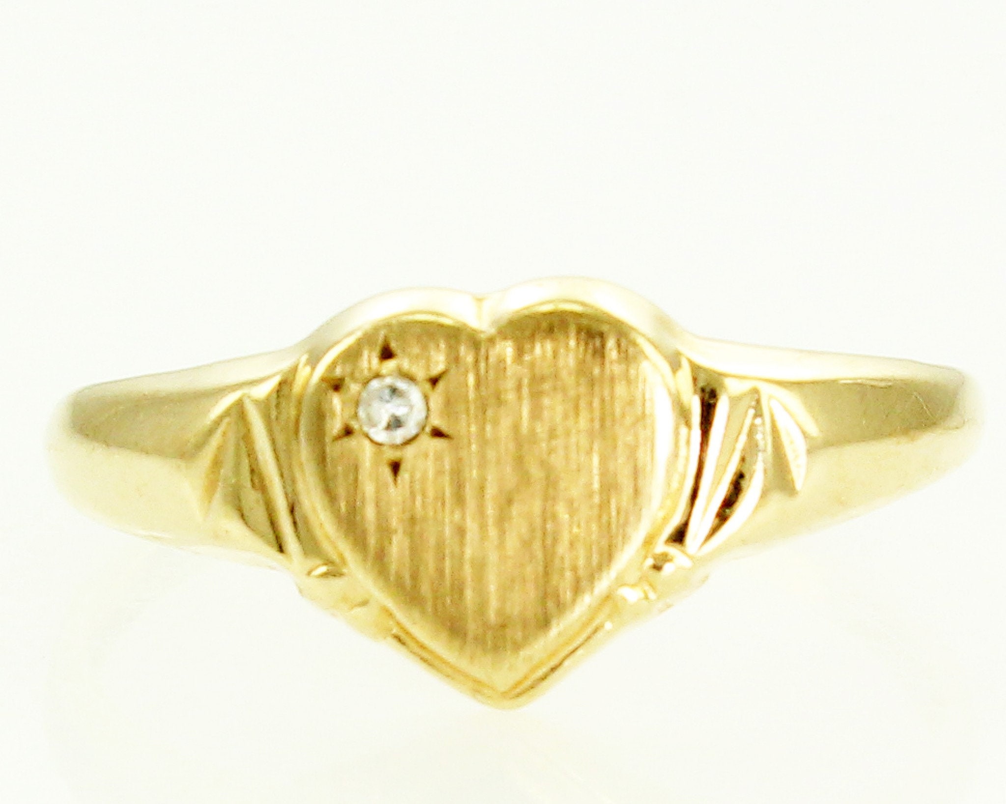 Tiny 10K Gold Diamond Heart Signet Ring - 1980s Vintage Dainty Yellow ...