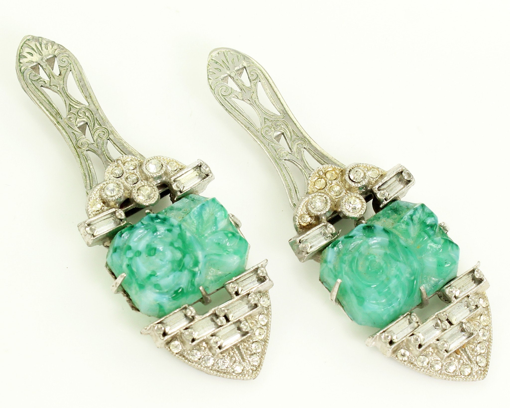 Art Deco Rhinestone Dress Clips - Vintage Crystal and Jadeite Glass ...