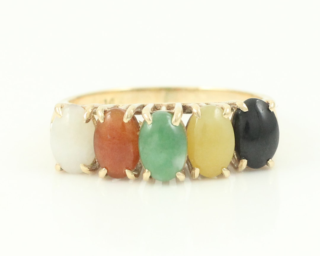 Vintage 14K Multi Colored Jade Ring, 14K Gold 5 Stone Multi Color Jade ...
