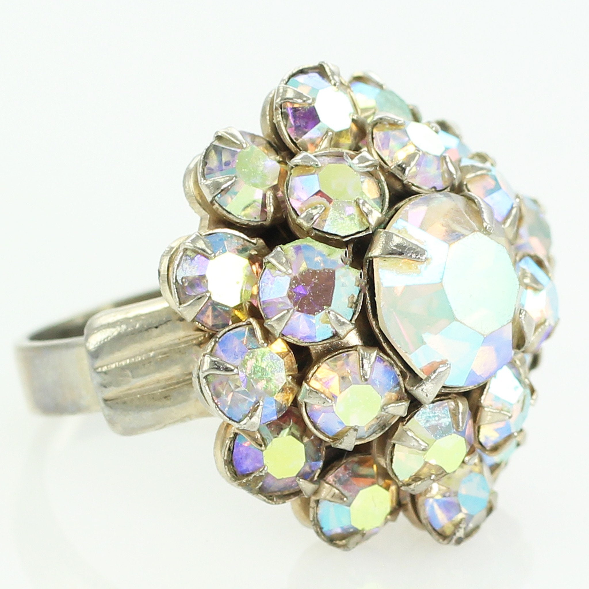 Vintage Aurora Borealis Rhinestone Ring - 1960s Adjustable Golden ...
