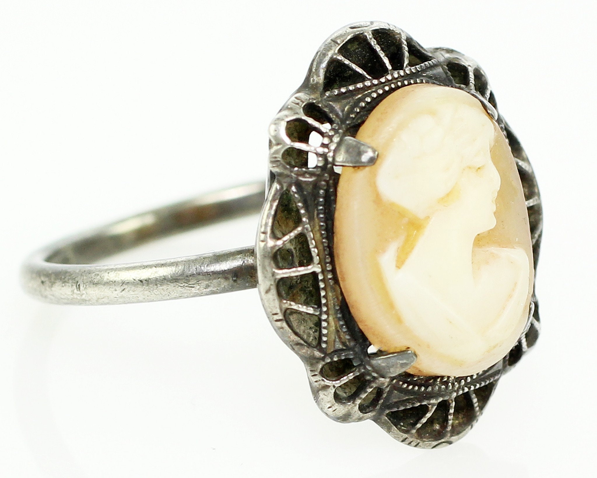 Edwardian Filigree Cameo Ring - Sterling Silver Filigree Hand Carved ...
