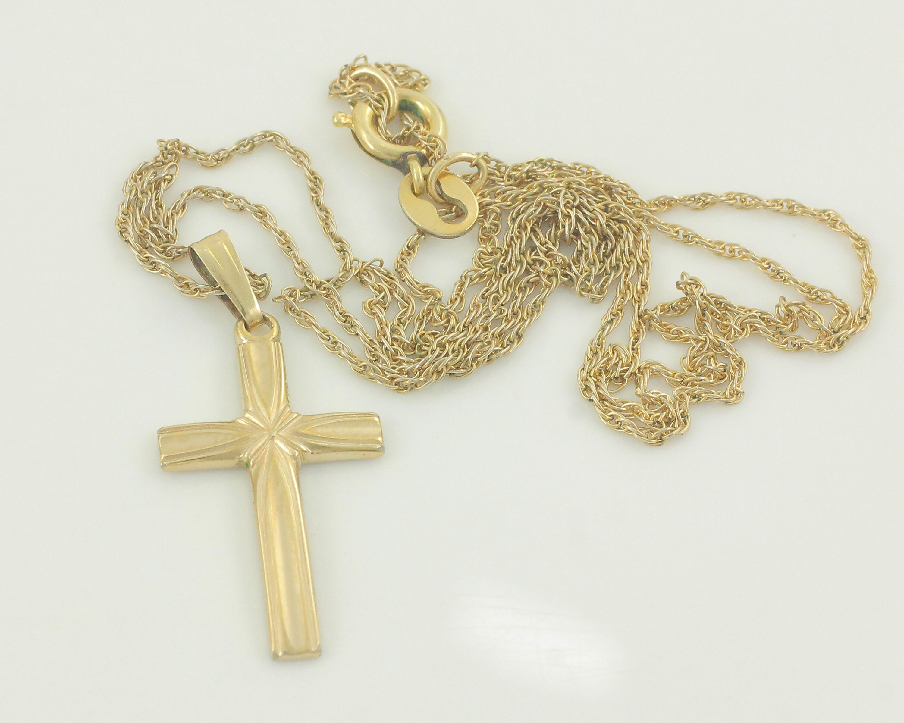 Vintage 14K Gold Fill Embossed Cross Pendant Necklace, Dainty 14K ...