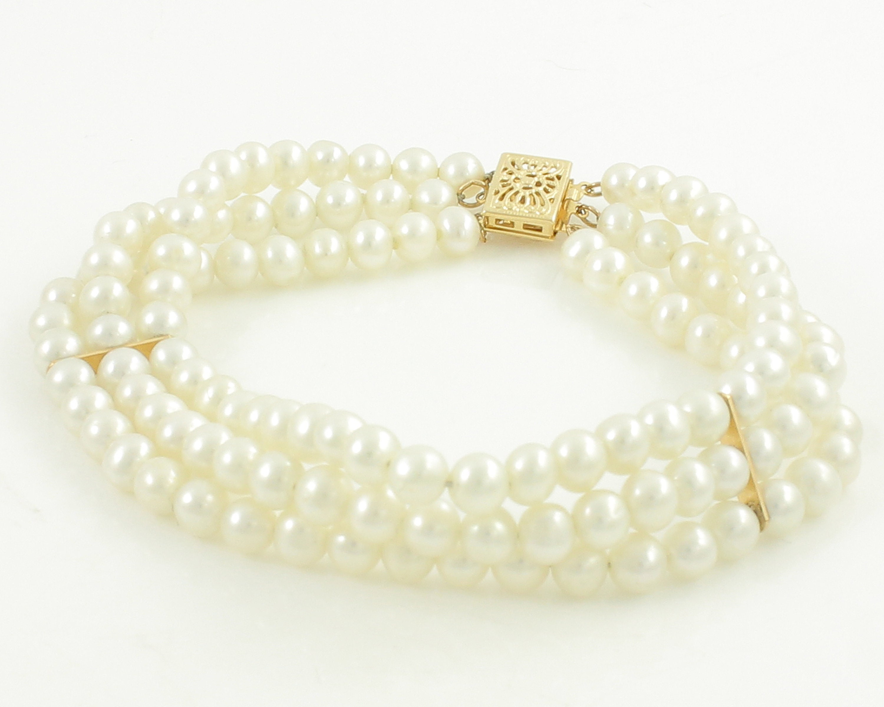 Triple Strand Akoya Cultured Pearl Bracelet 14k Filigree Pearl