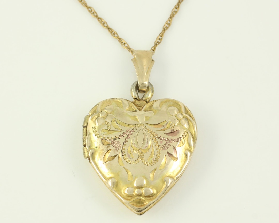 Vintage 10K Gold Filled Floral Embossed Engraved Heart Locket Necklace ...