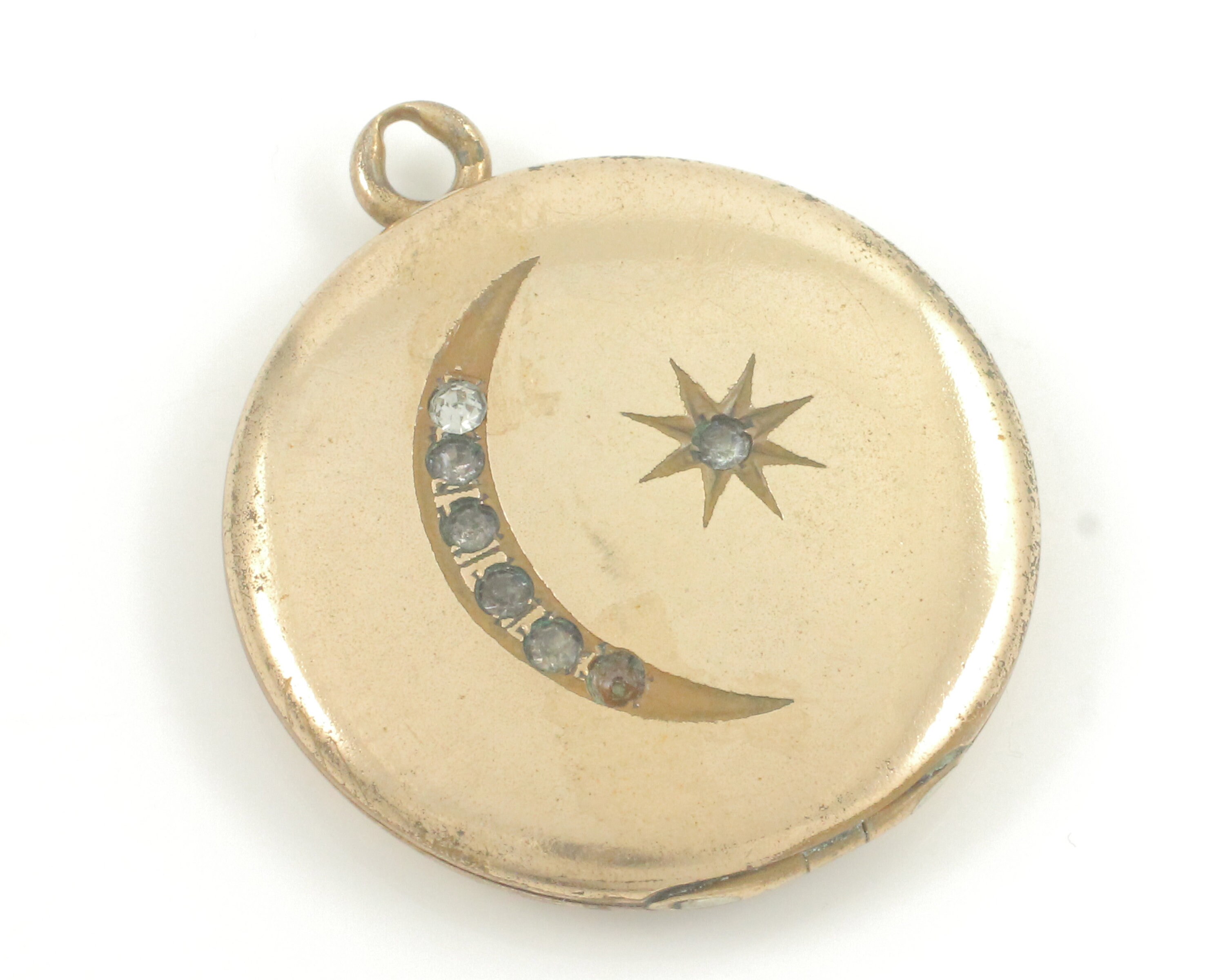 Victorian Crescent Moon Star Round Locket Pendant, Antique Gold Filled ...