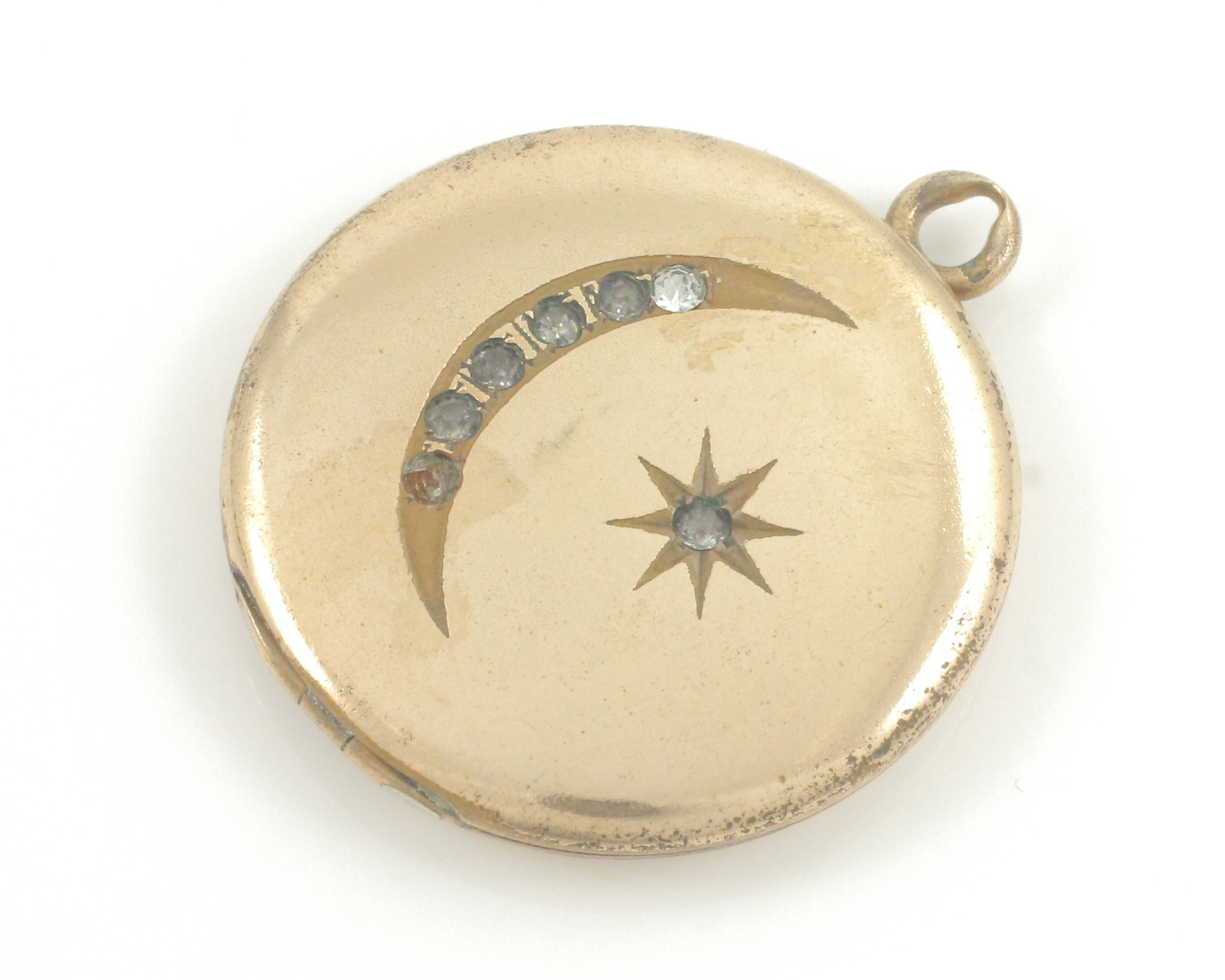 Victorian Crescent Moon Star Round Locket Pendant, Antique Gold Filled ...