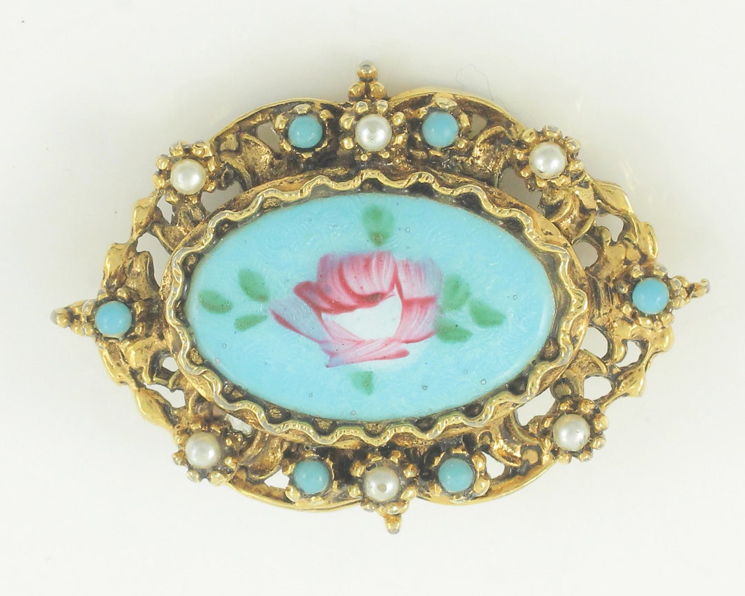 Vintage Capri Enamel Roses Brooch, 1970s Victorian Revival Brooch ...