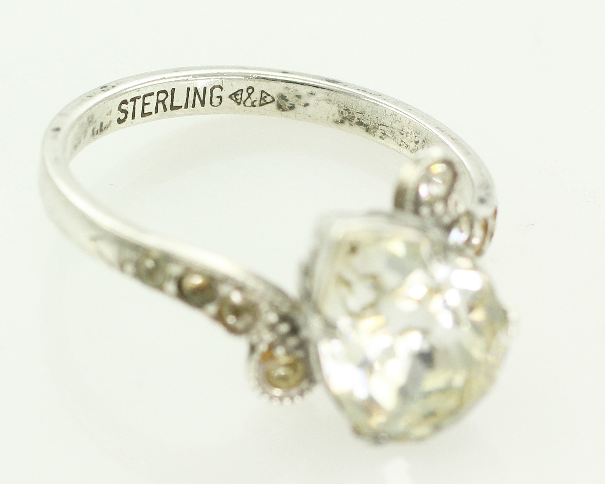 Silver Rhinestone Ring - Vintage Sterling Pear Shaped Crystal Bypass ...