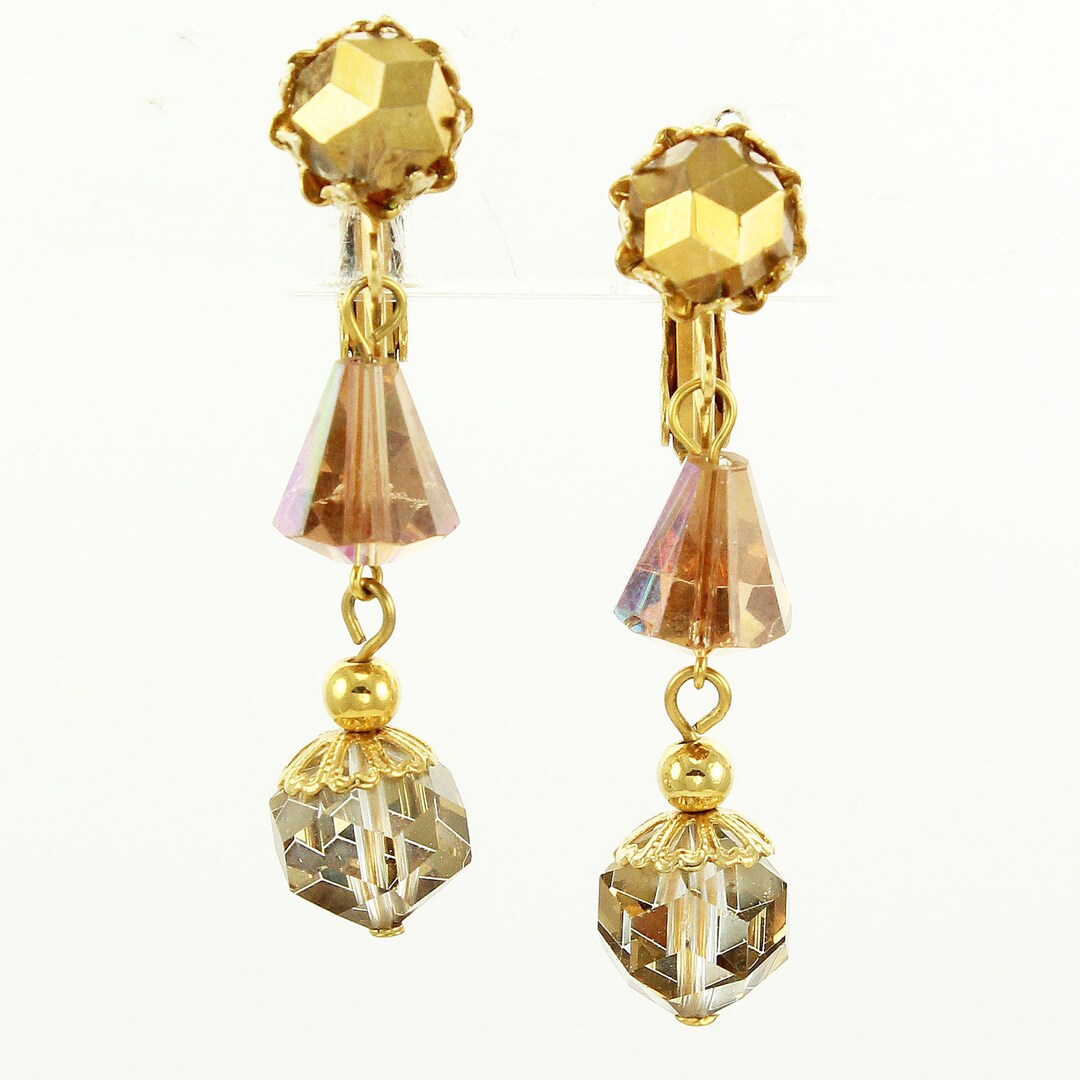 Vintage 1960s Golden Crystal Dangle Earrings, Vintage Topaz Colored ...