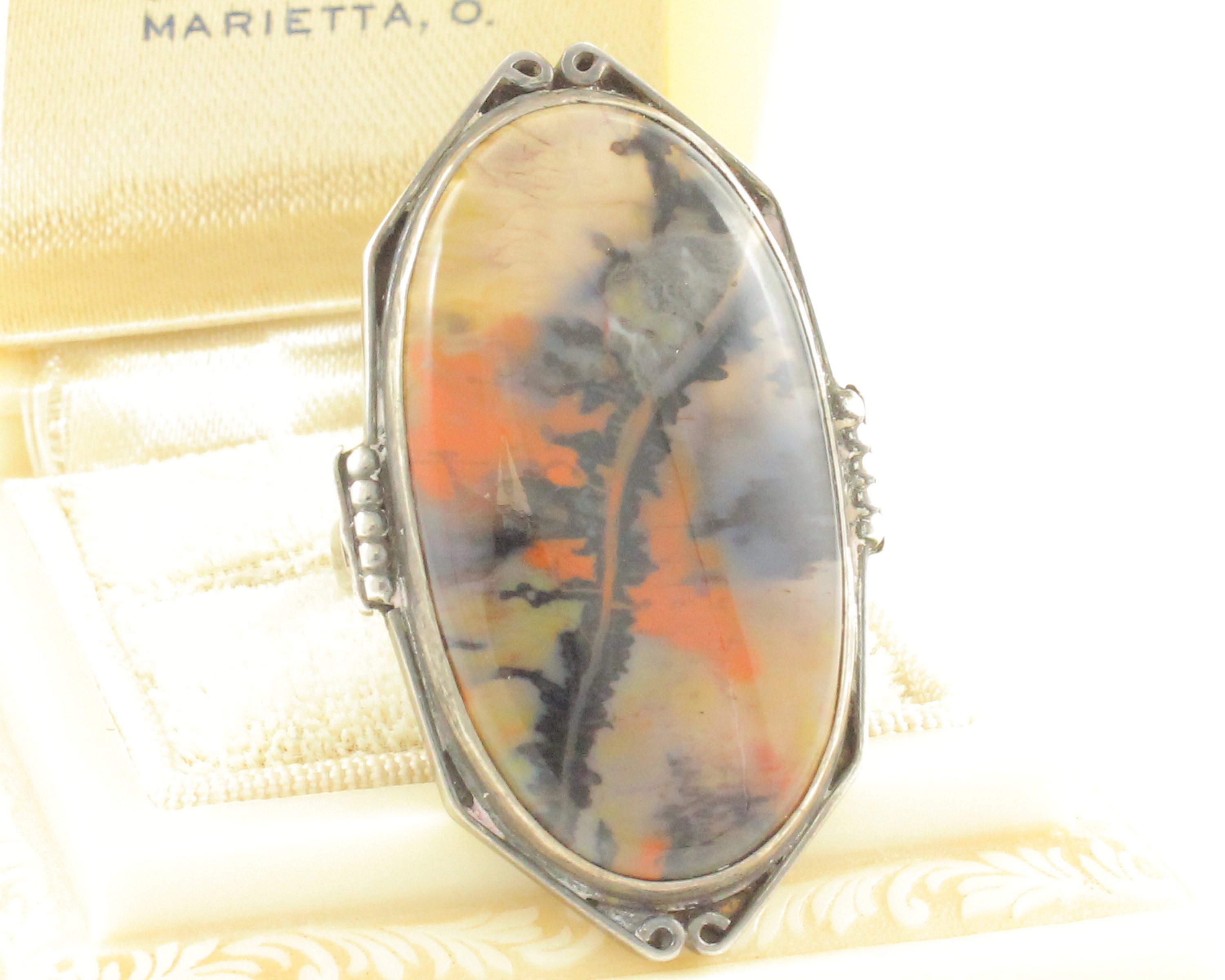 Large Art Deco Dendritic Landscape Agate Statement Ring - Sterling ...