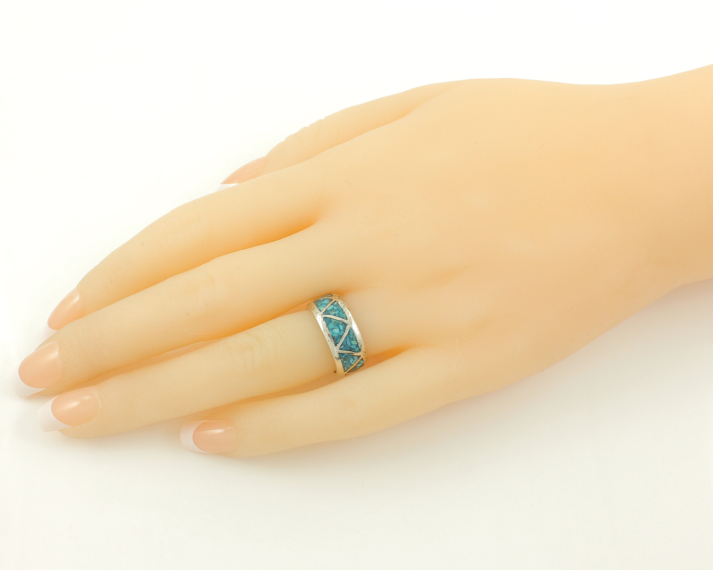 Vintage Sterling Crushed Turquoise Inlay Band, Sterling Triangle Stone ...