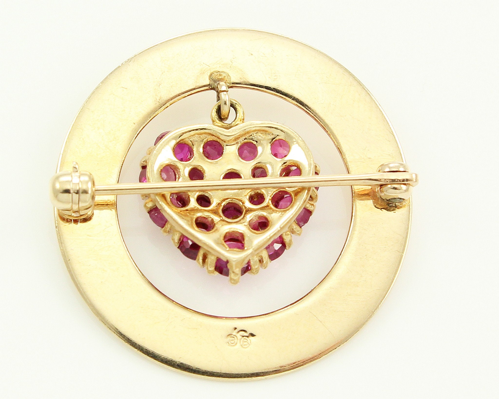 Vintage Dangling Ruby Heart 14K Brooch - 1960s Yellow Gold Jewelry ...
