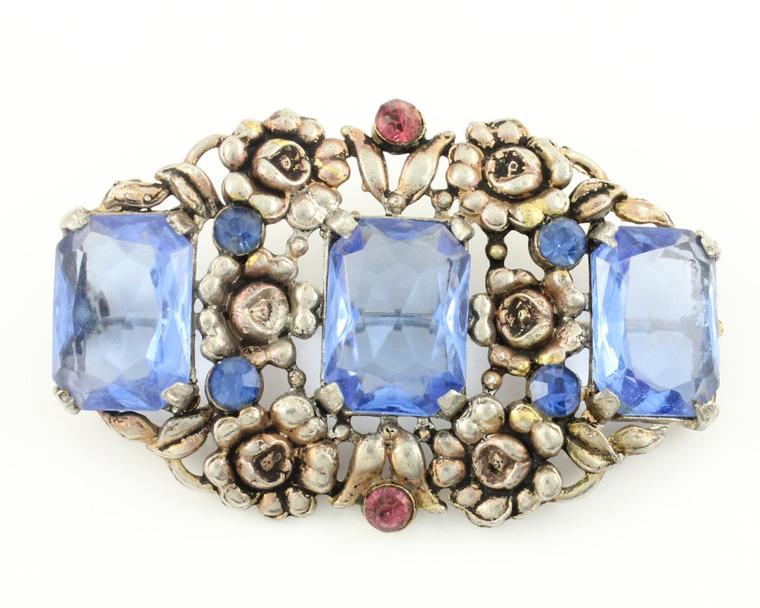 Vintage Blue Glass Floral Brooch, Vintage Blue Glass Pink Rhinestone ...