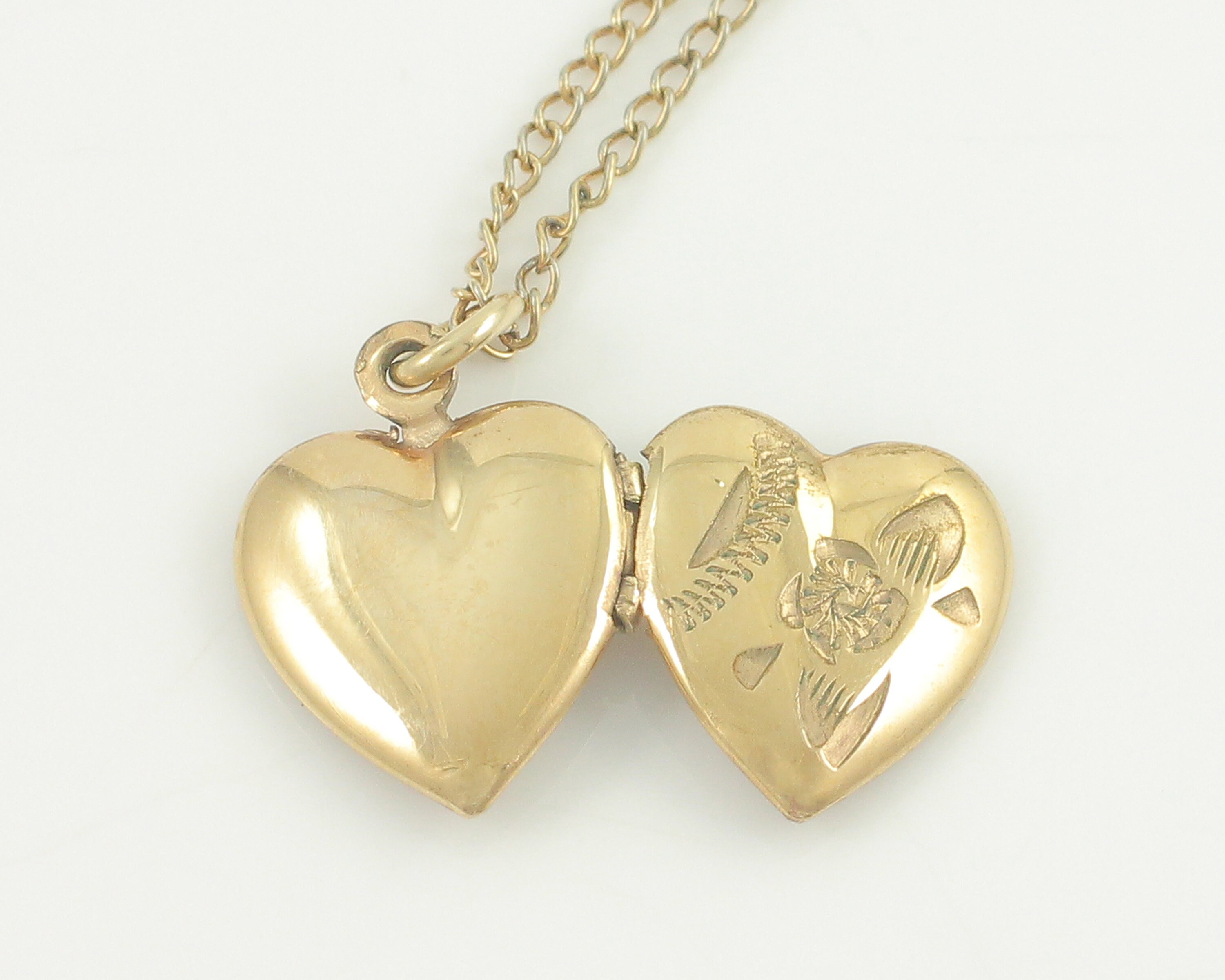 Vintage Engraved Tiny Heart Locket Necklace, Dainty 12K Gold Filled ...