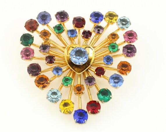 Vintage Heart Shape Multi Colored Rhinestone Brooch E… - Gem