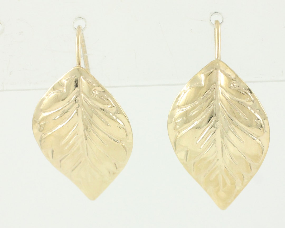 Vintage 14K Leaf Dangle Earrings, 1990s 14K Yellow Gold Embossed Leaf Earrings, 14K Siolid Gold ...