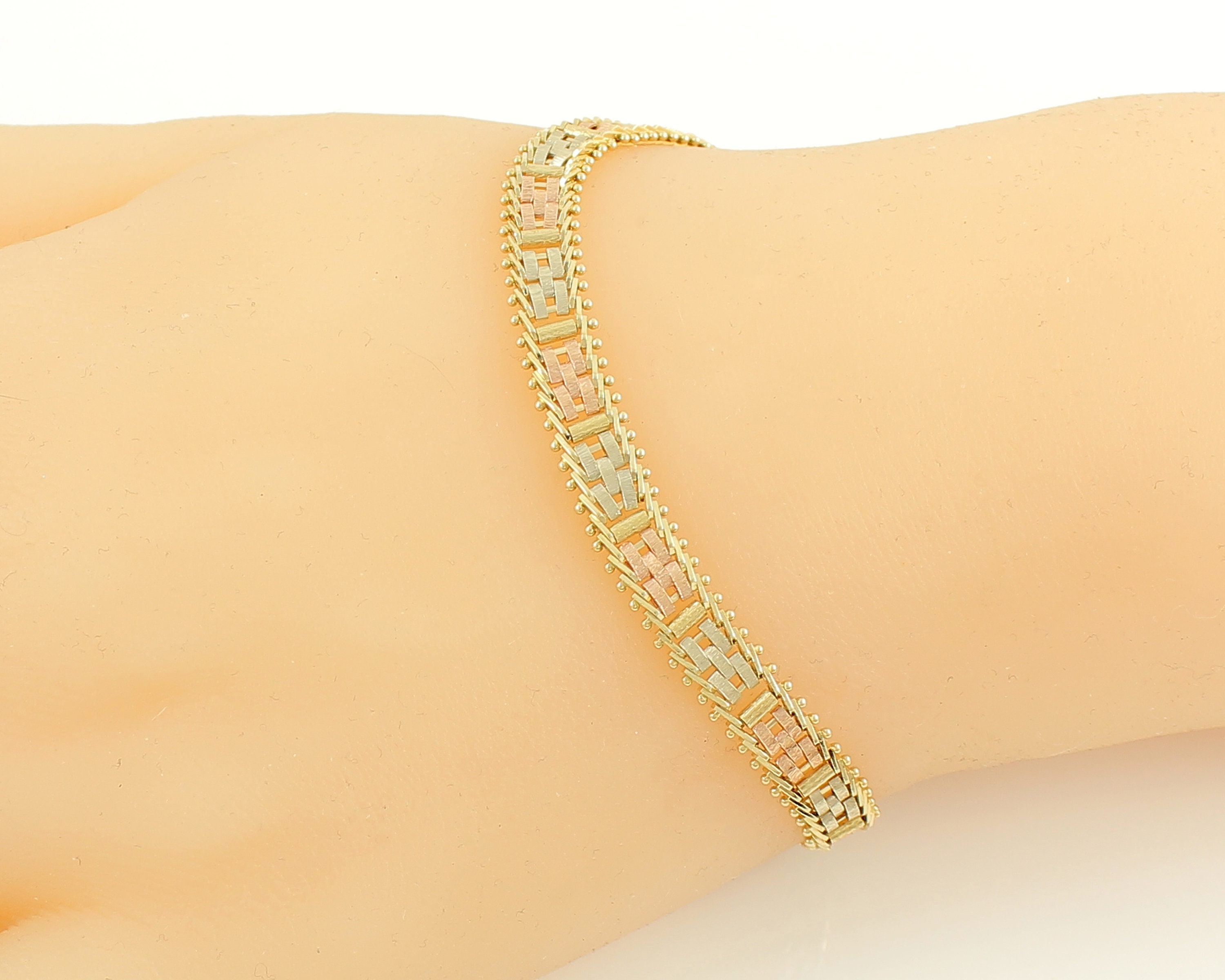Vintage 14K TriColor Gold Brick Weave Chain Bracelet, 80s Vintage 14K TriColor Gold Brick Weave Chain Bracelet, 80s