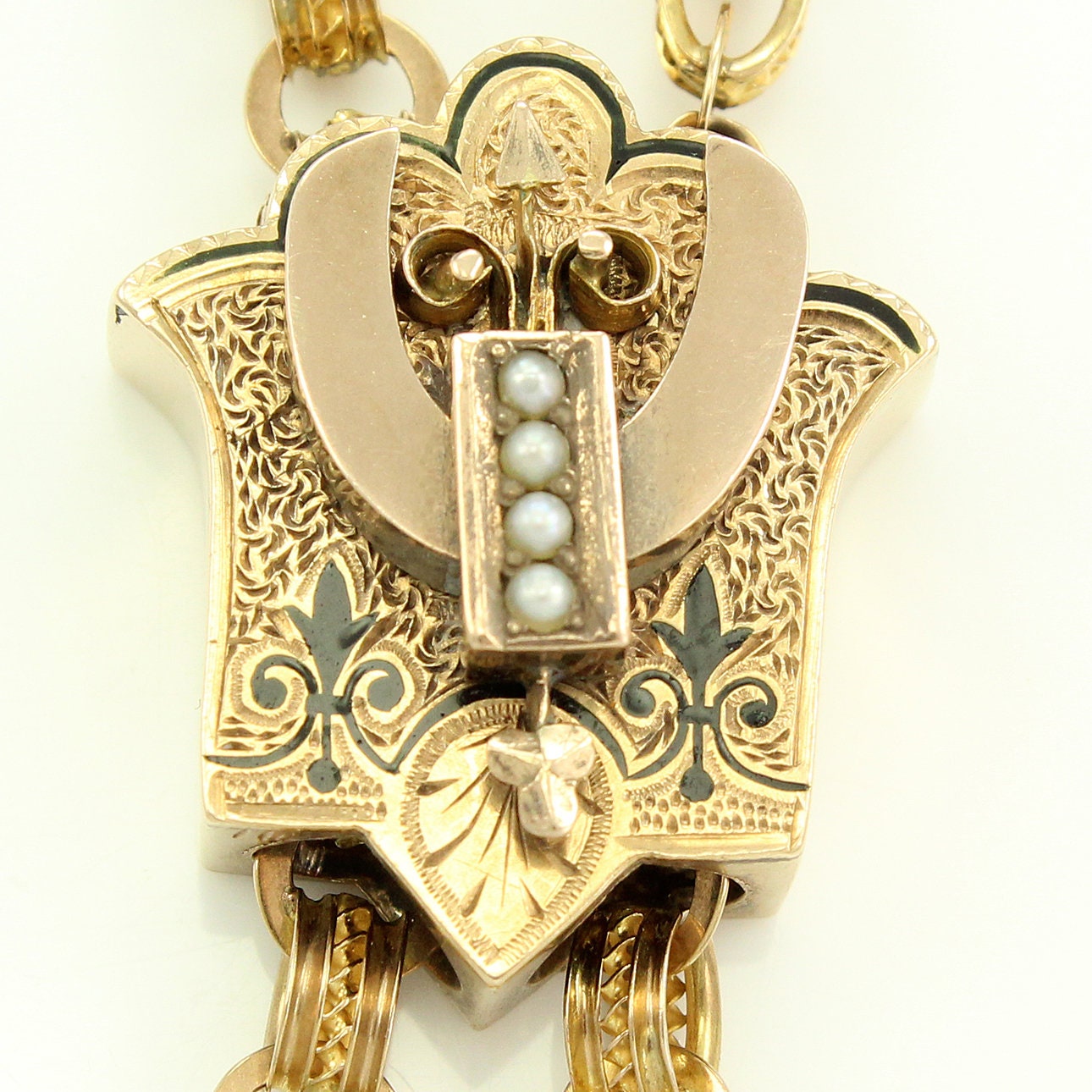 Antique Victorian 14K Fancy Link Long Lady's Watch Chain Black Enamel ...