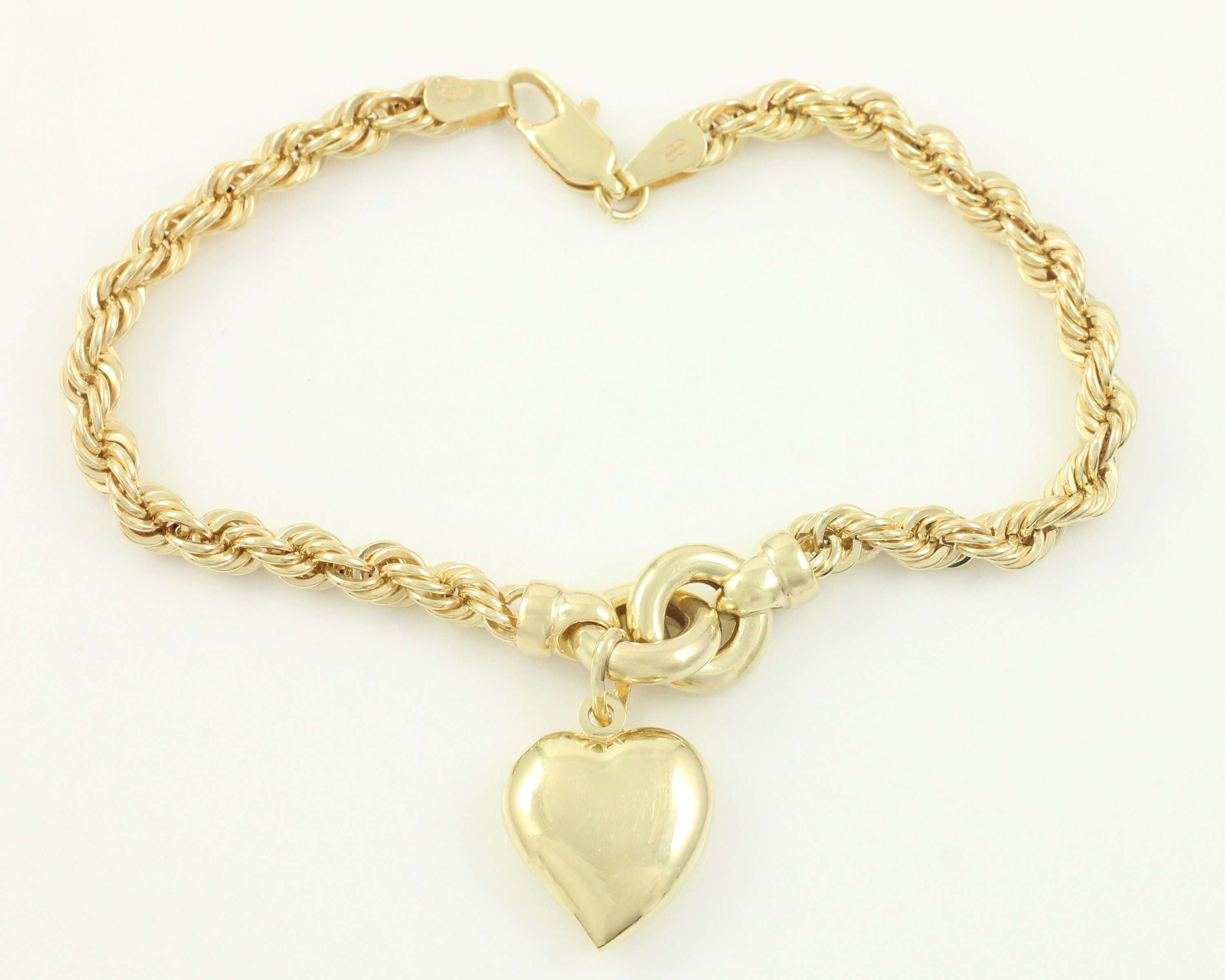 Vintage Unoaerre 14K Yellow Gold Heart Charm Rope Bracelet, 7.25in 14K ...