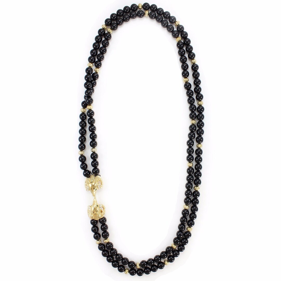 Vintage Kenneth Jay Lane Black Bead Rams Head Necklace, Vintage Double ...