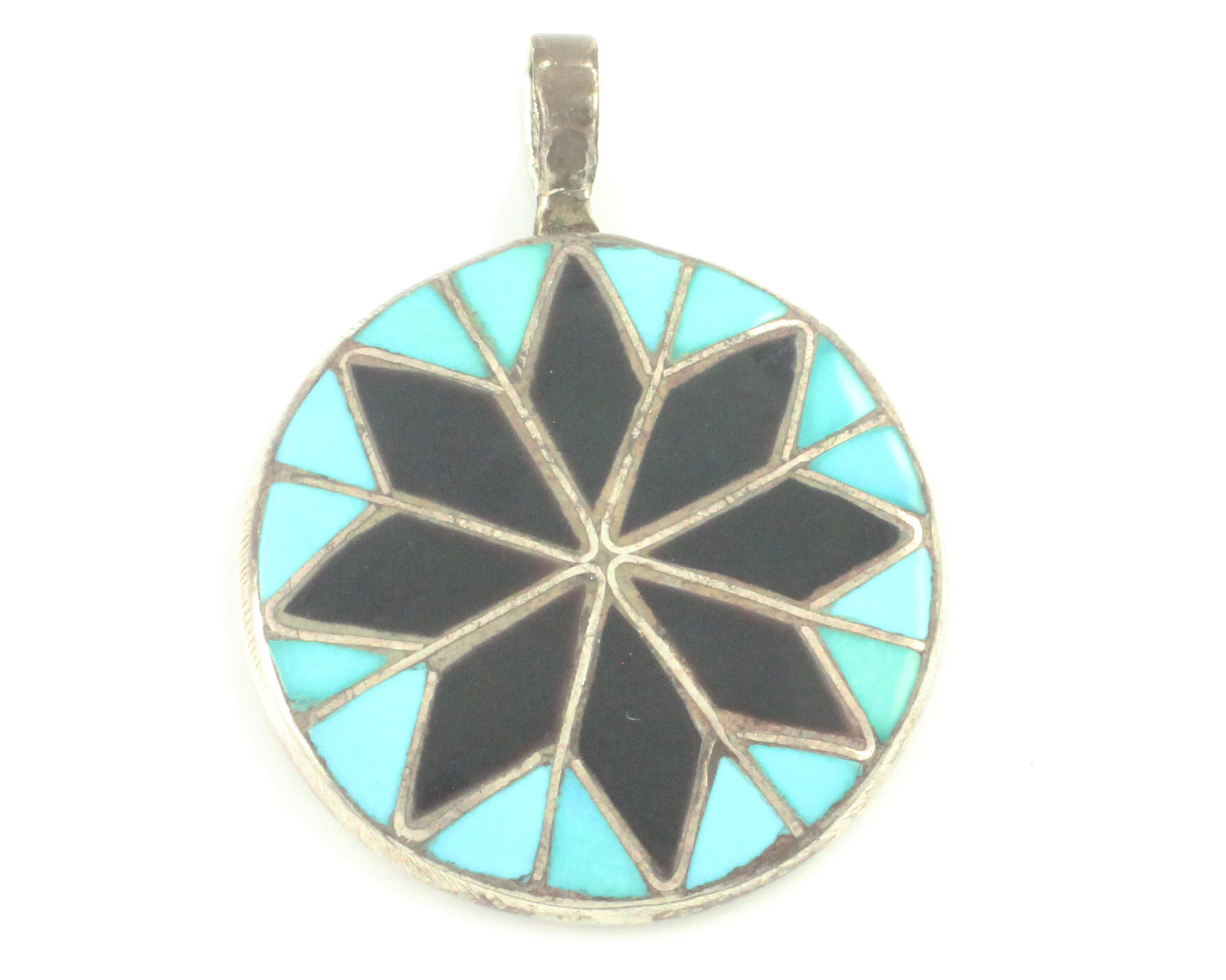 Vintage Turquoise Black Onyx Zuni Inlay Pendant, DC Zuni Sterling ...