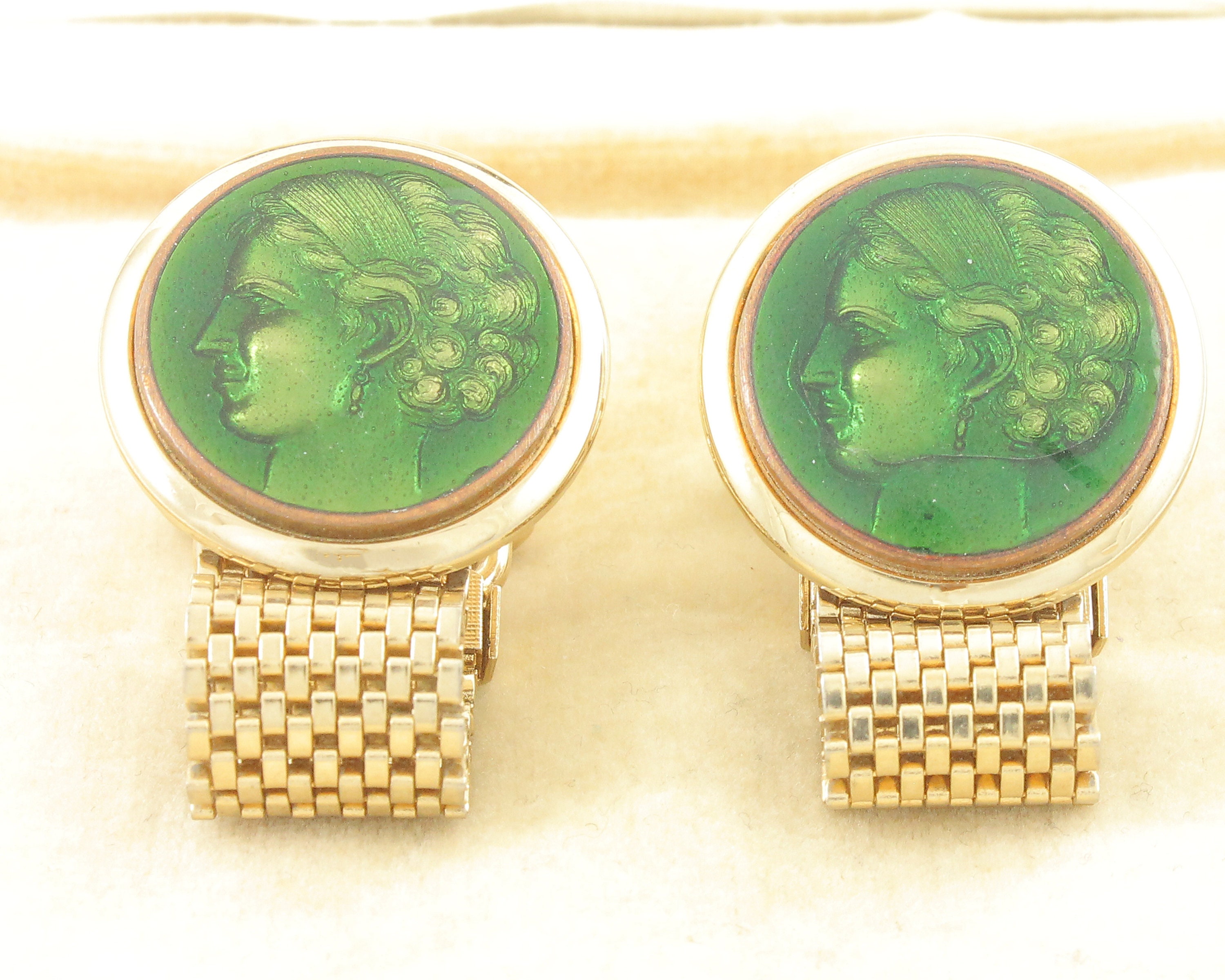 Vintage Cufflinks, Green Cuff Links, Enamel Portrait Wrap Around, Gold ...