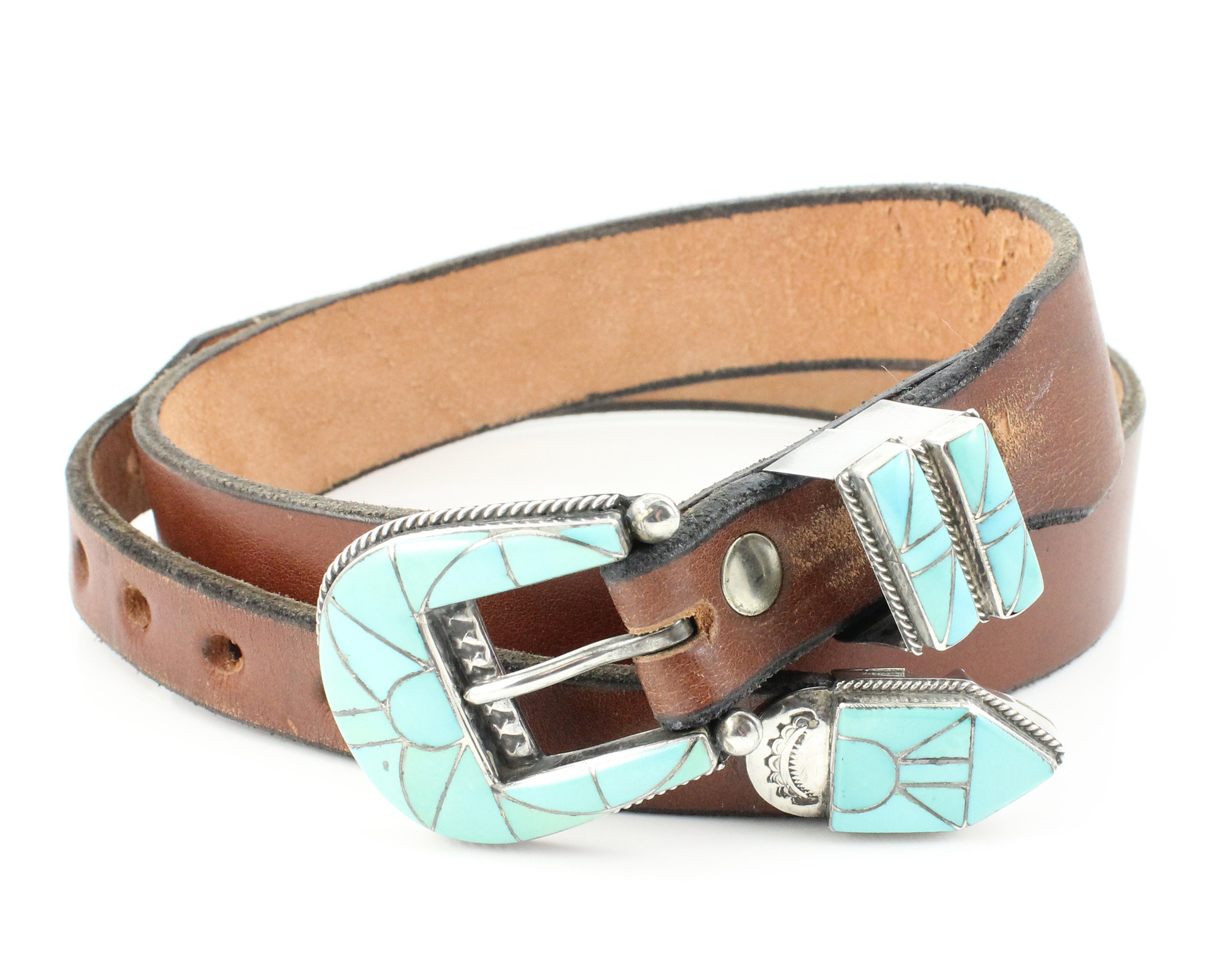 Vintage Sterling Turquoise Inlay Ranger Belt by C & E Cooche Zuni ...