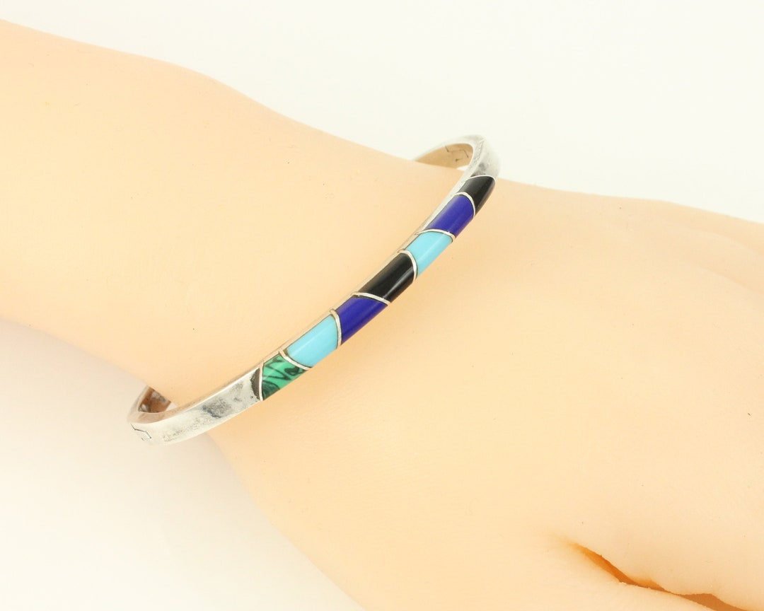 Vintage Mexican Silver Inlaid Stone Hinged Bangle Bracelet, Mexico ...