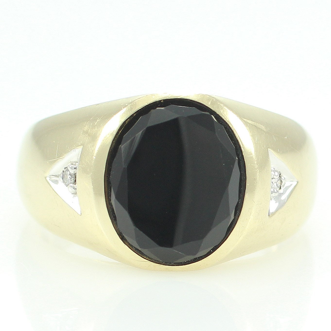 10K Faceted Black Onyx Diamond Mans Ring - 1980s Retro Yellow Gold ...