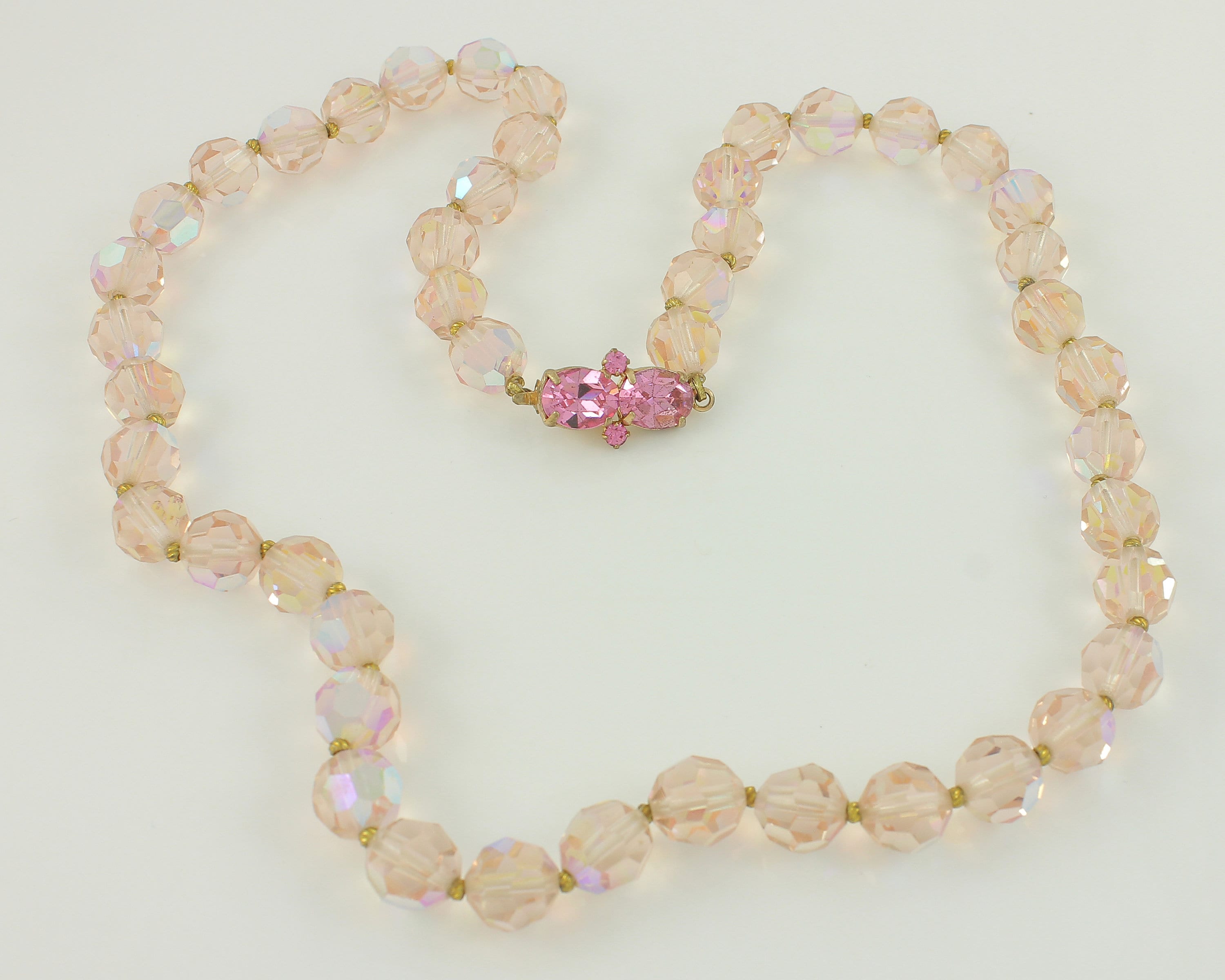 Vintage Pink Aurora Borealis Crystal Bead Necklace, Vintage Pink ...