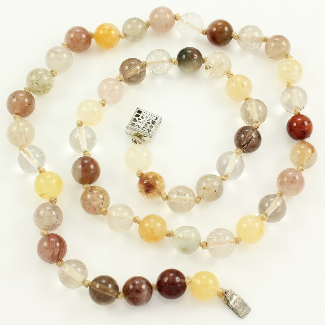 Vintage Quartz Agate Multi Colored Stone Bead Necklace, Rutilated ...