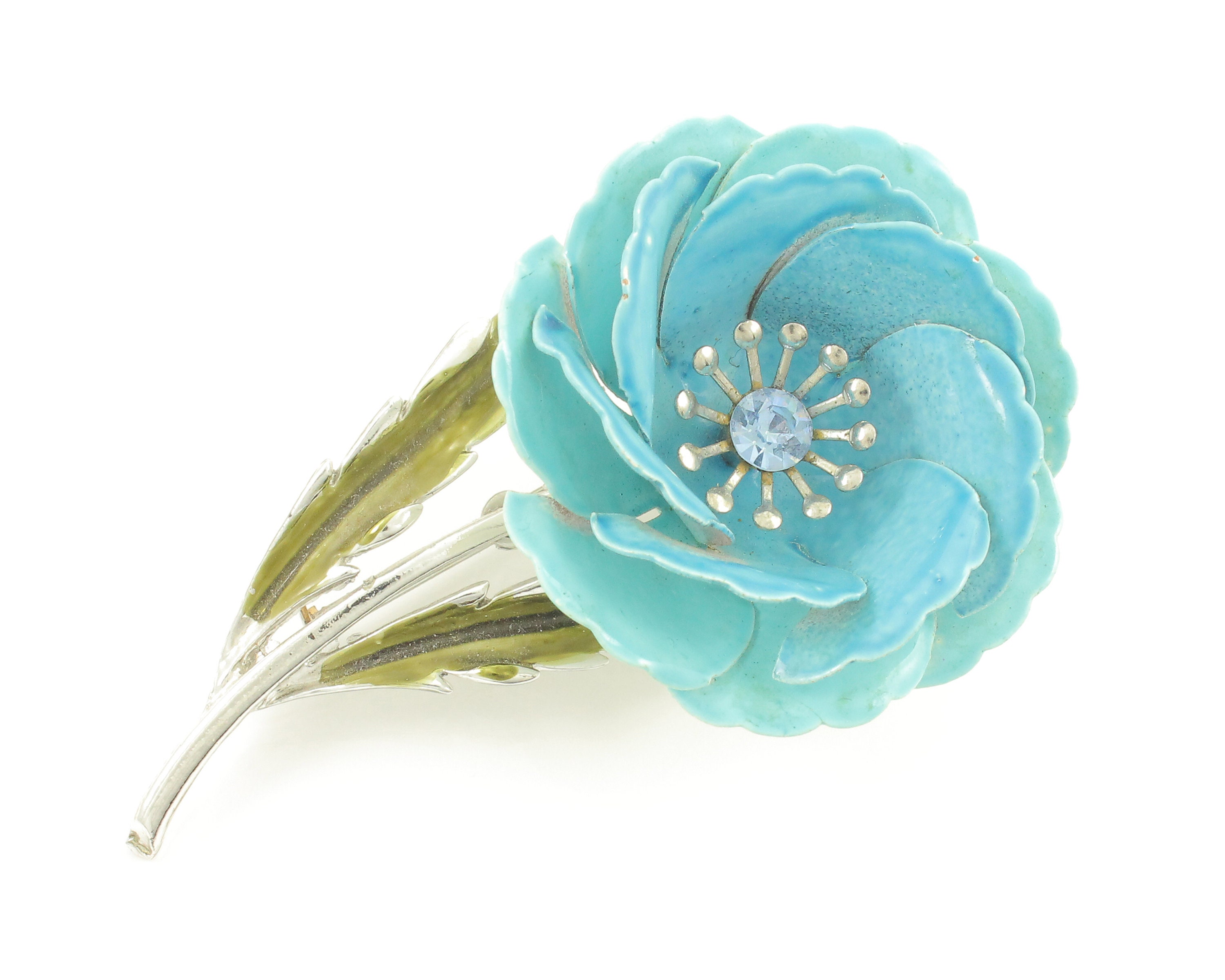 Vintage Coro Teal Enamel Flower Brooch, Coro Floral Pin, Something Blue Brooch, Wedding Brooch ...