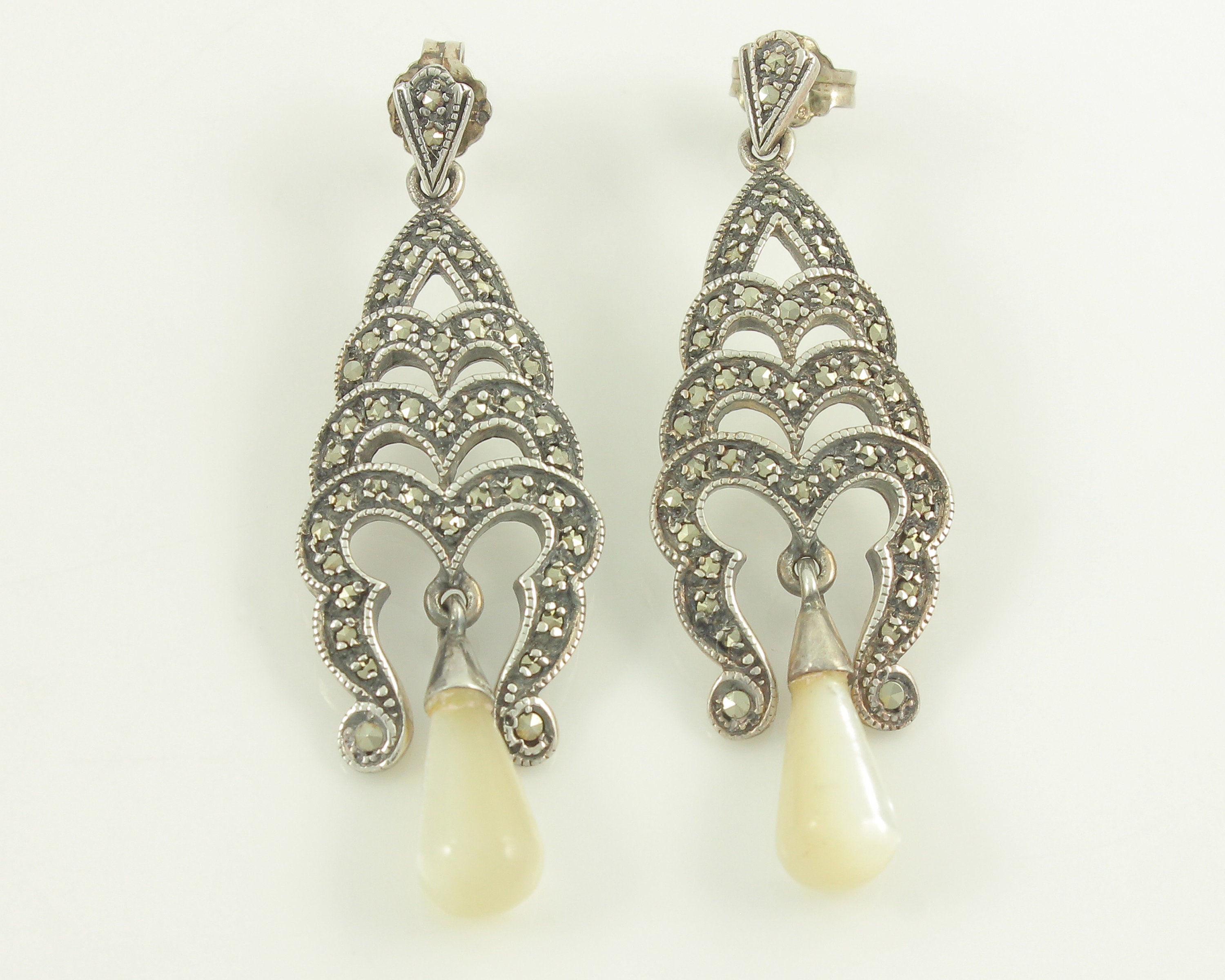 Vintage Sterling Silver Marcasite Mother Of Pearl Earrings 1980s