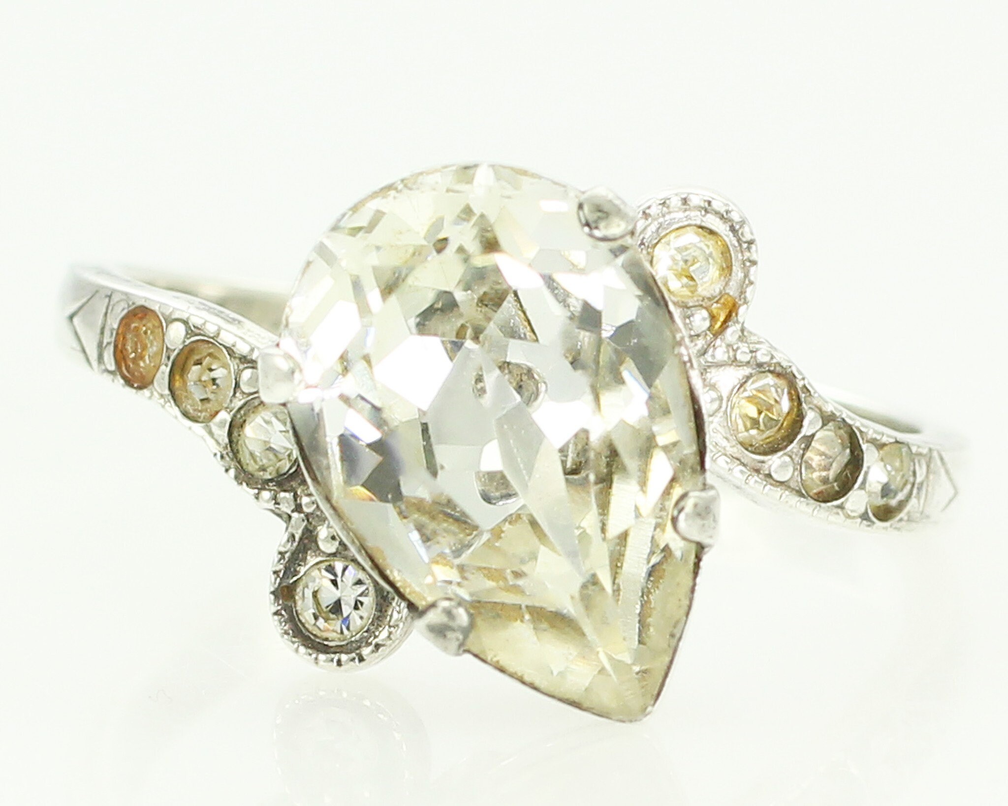 Silver Rhinestone Ring - Vintage Sterling Pear Shaped Crystal Bypass ...