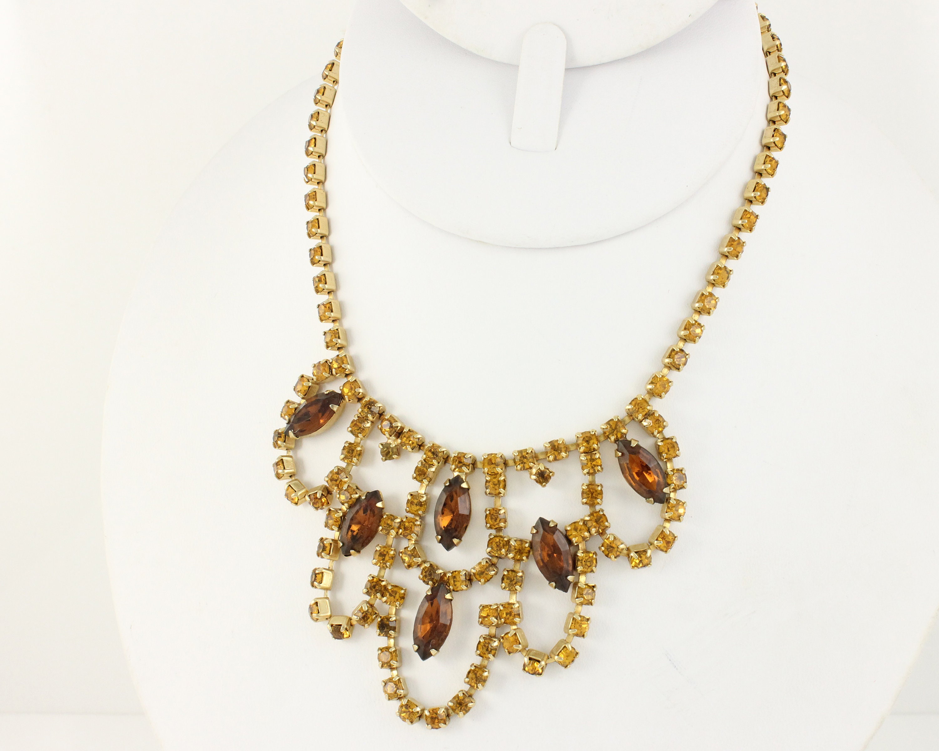 Vintage Honey Gold and Root Beer Rhinestone Swag Necklace, Vintage ...