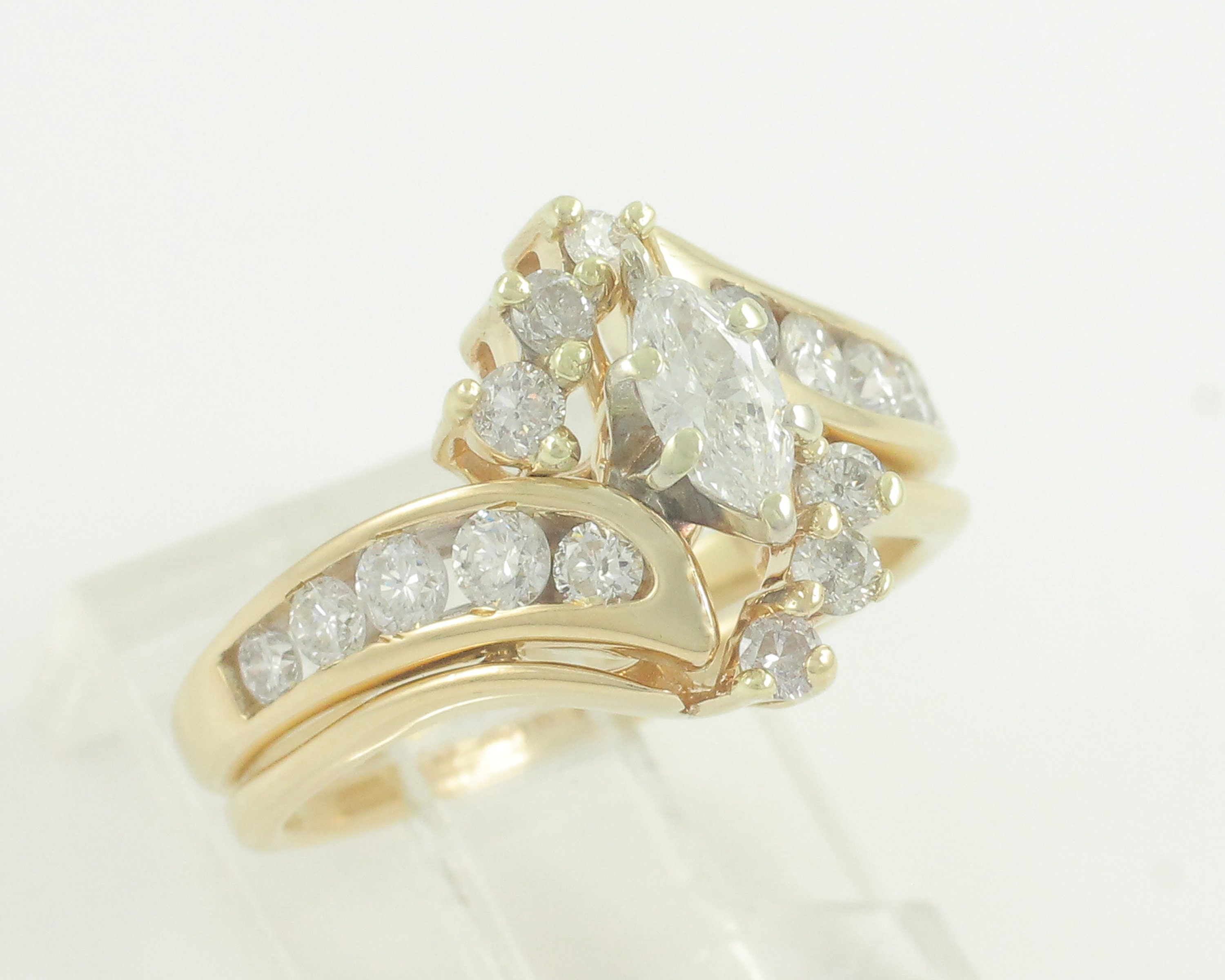 Vintage 14K Diamond Marquise Engagement Ring Wedding Band Jacket Set ...
