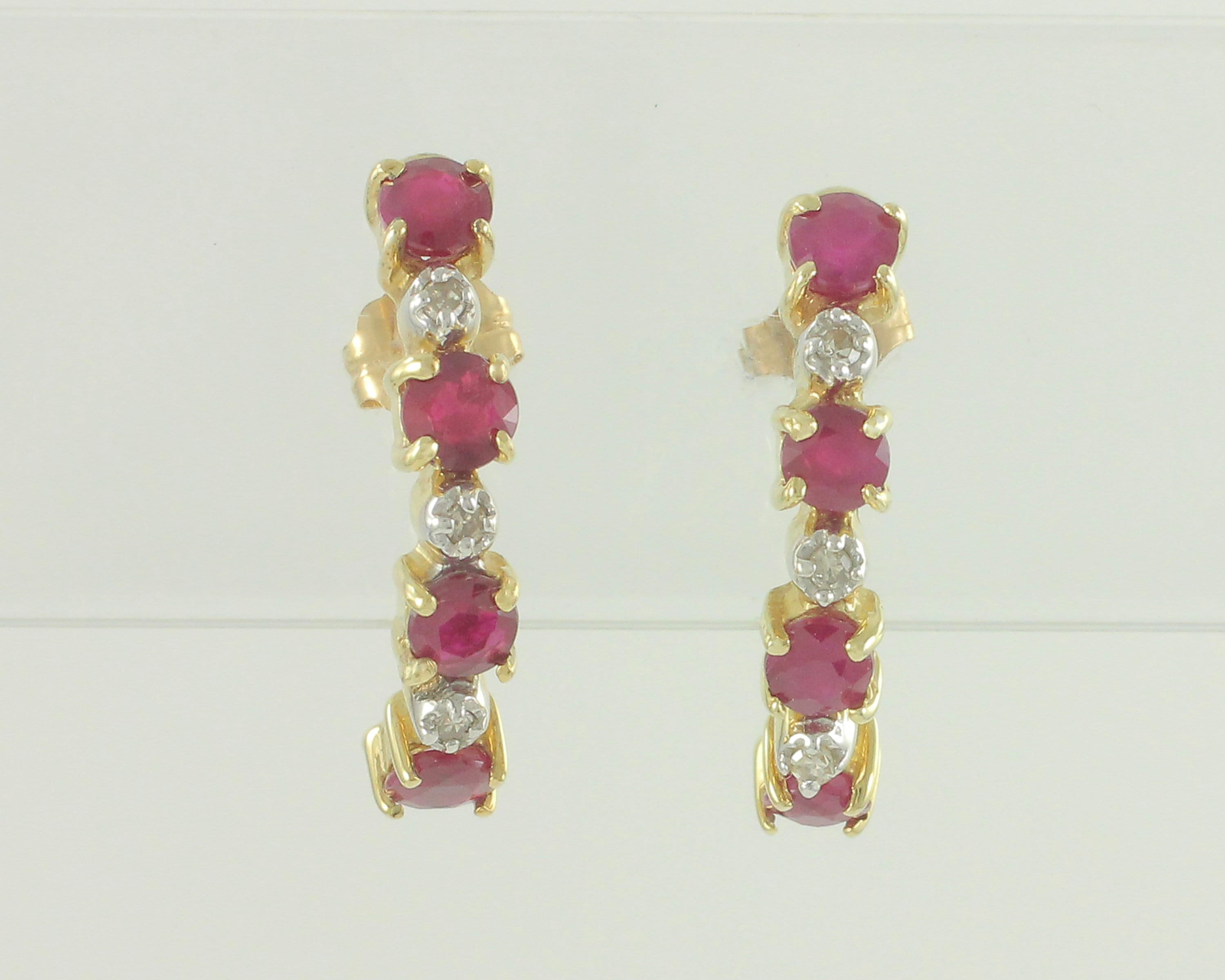 Vintage Enhanced Ruby Diamond J Hoop Earrings 10K, 1980s 10K Yellow Gold Ruby Diamond Drop ...