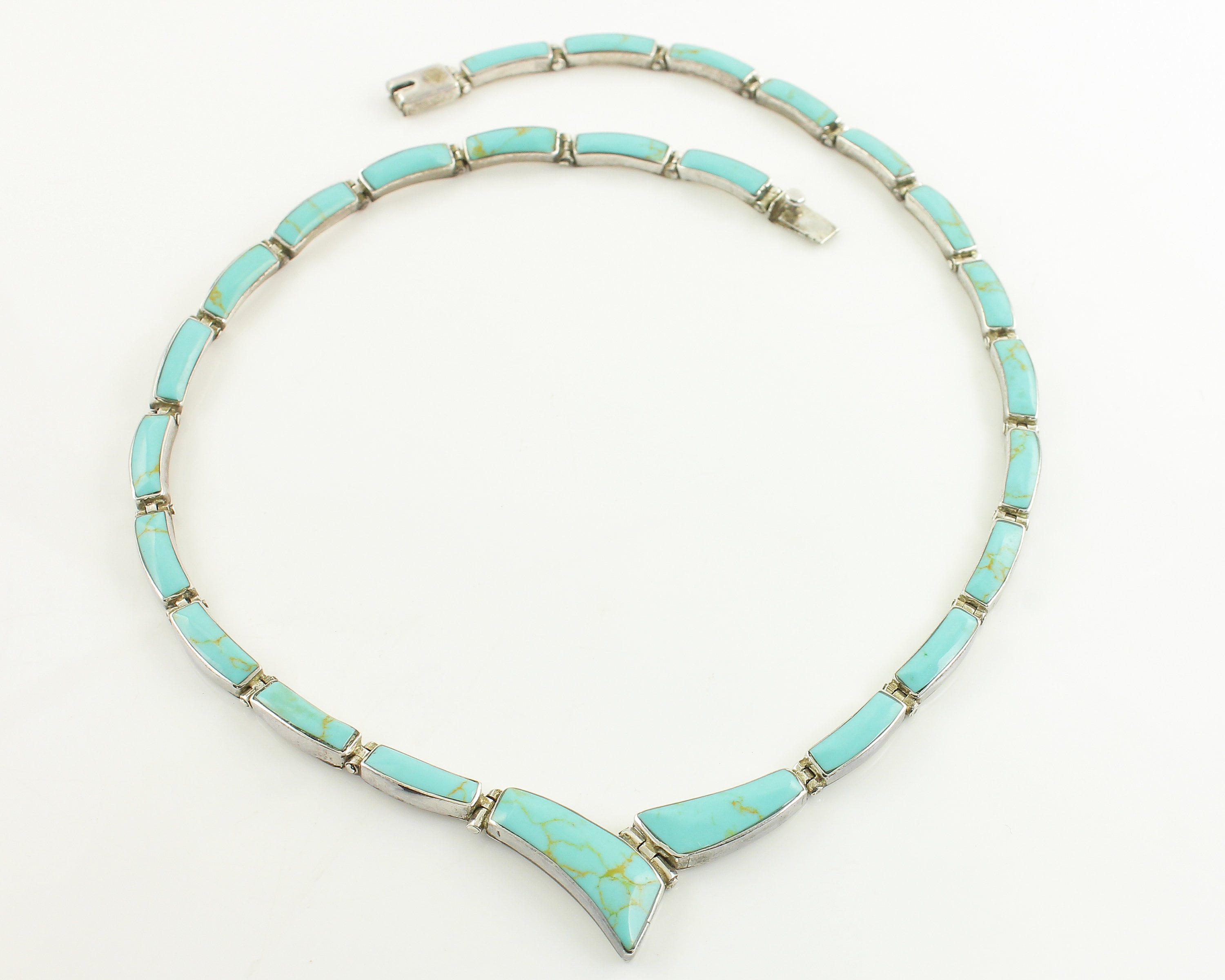 Vintage 950 Silver Turquoise Inlay Hinged Link V Necklace - TS-123 ...