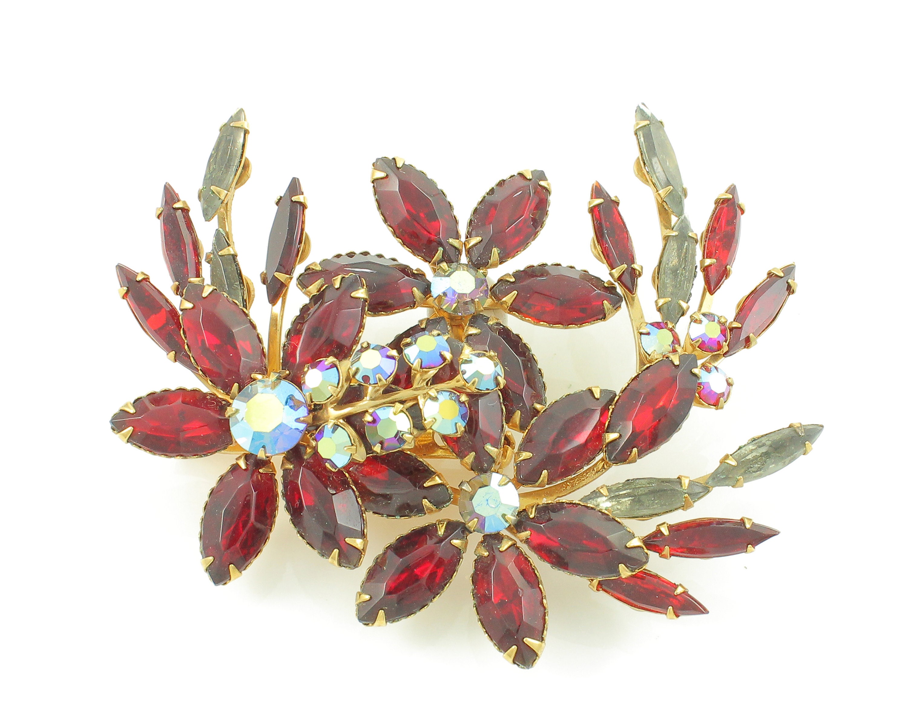 Vintage Red Gray Aurora Borealis Rhinestone Brooch, 1960s Layered Red ...