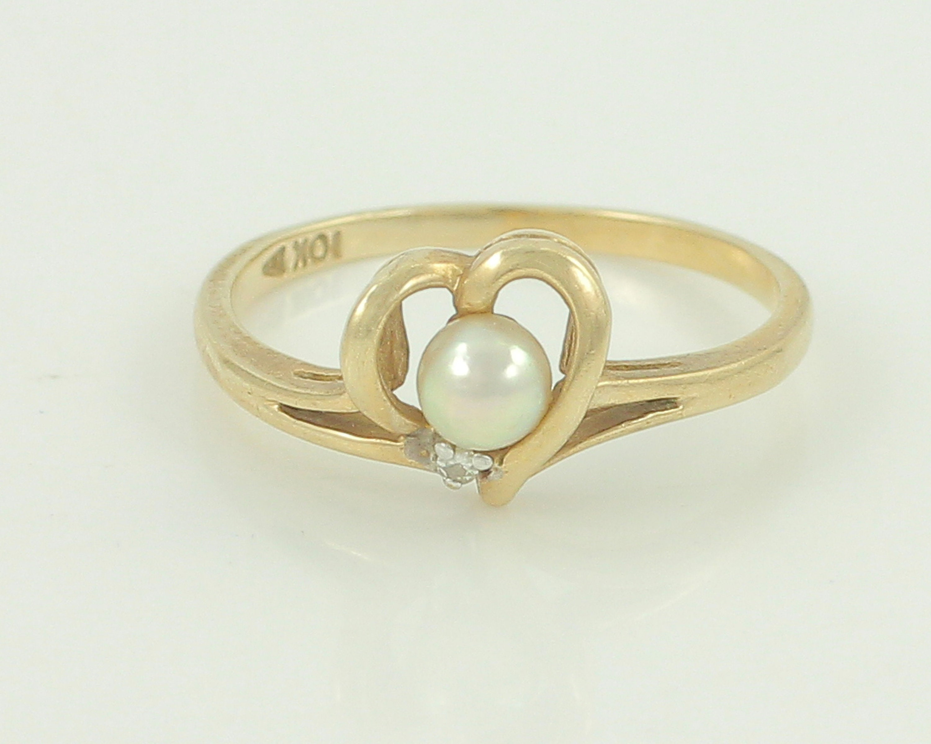 Vintage 10K Pearl Diamond Heart Ring, Vintage 10K Cultured Akoya Pearl ...