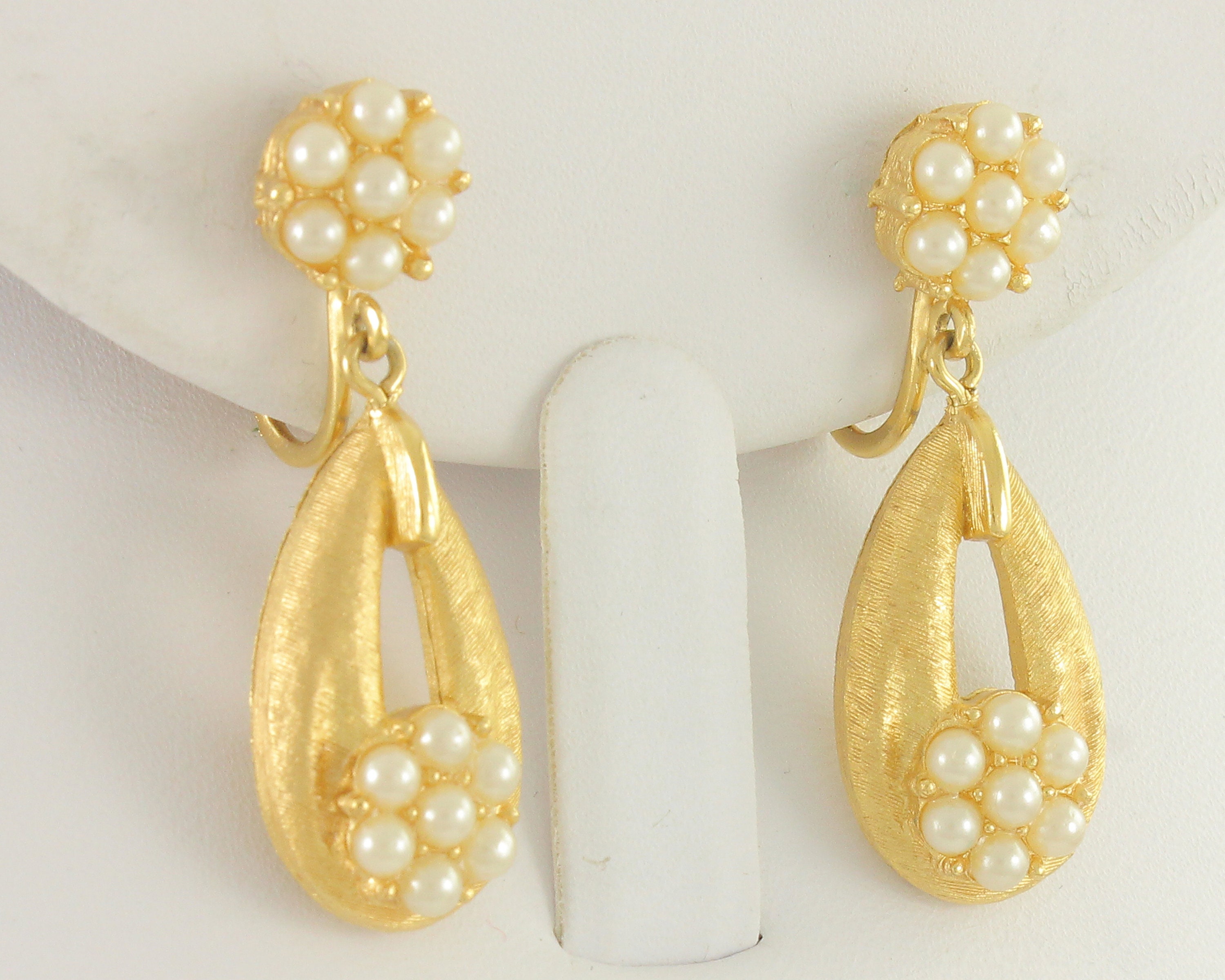 Vintage Trifari Gold Tone Faux Pearl Dangle Earrings, 1960s Trifari ...