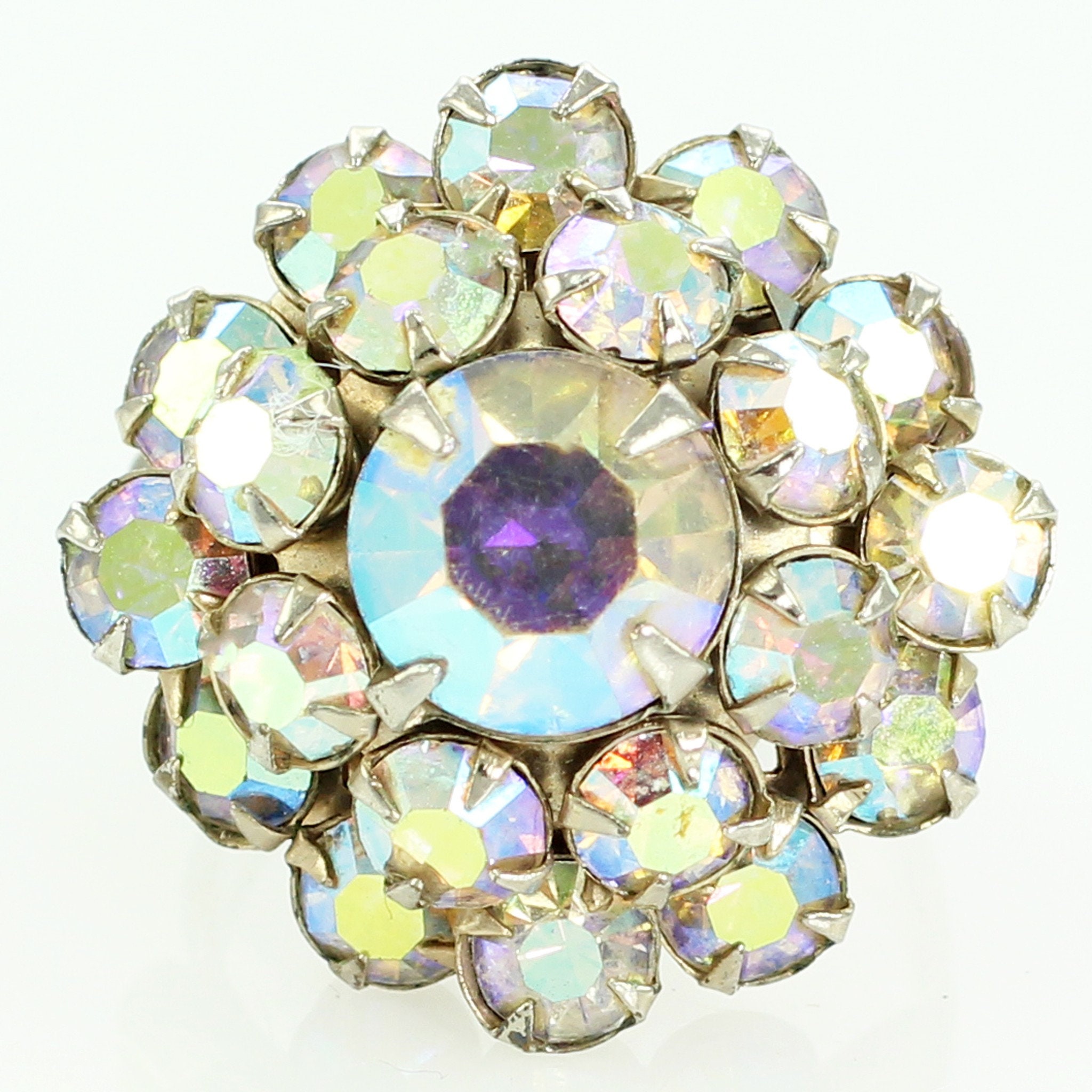 Vintage Aurora Borealis Rhinestone Ring - 1960s Adjustable Golden ...