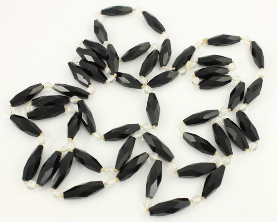Vintage Black Glass Bead Flapper Necklace, Roaring 20… - Gem
